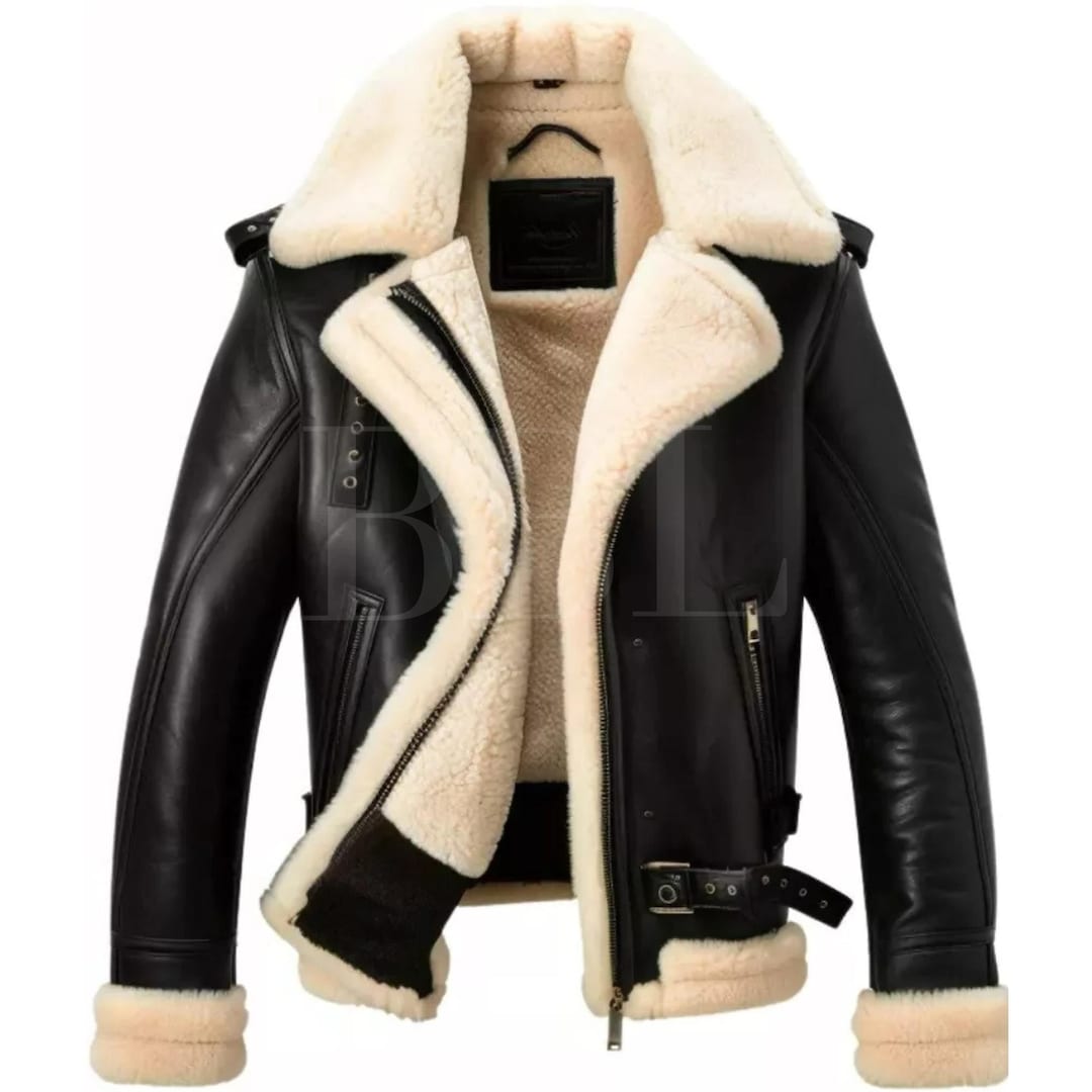 Black Aviator Shearling Real Leather Jacket Sheepskin Leather Bomber ...