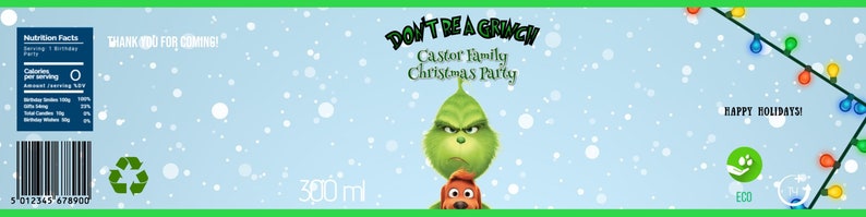 Grinch Themed Christmas Personalized Water Bottle Label Digital File ...