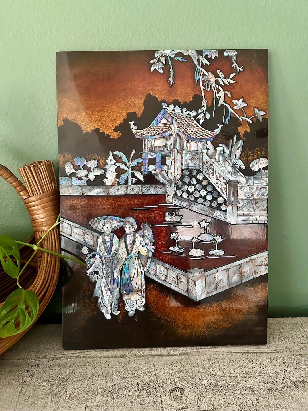 Vintage Mother of Pearl Shell Inlay Lacquered Wood Panel | Abalone ...