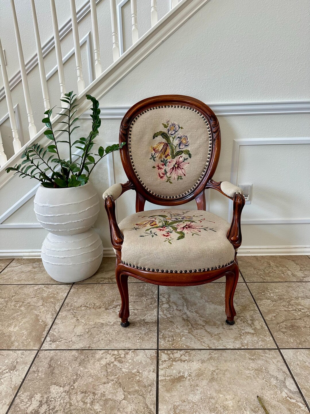 Victorian Antiqued Needle Petit Point Walnut Chair | Vintage Louis XV ...