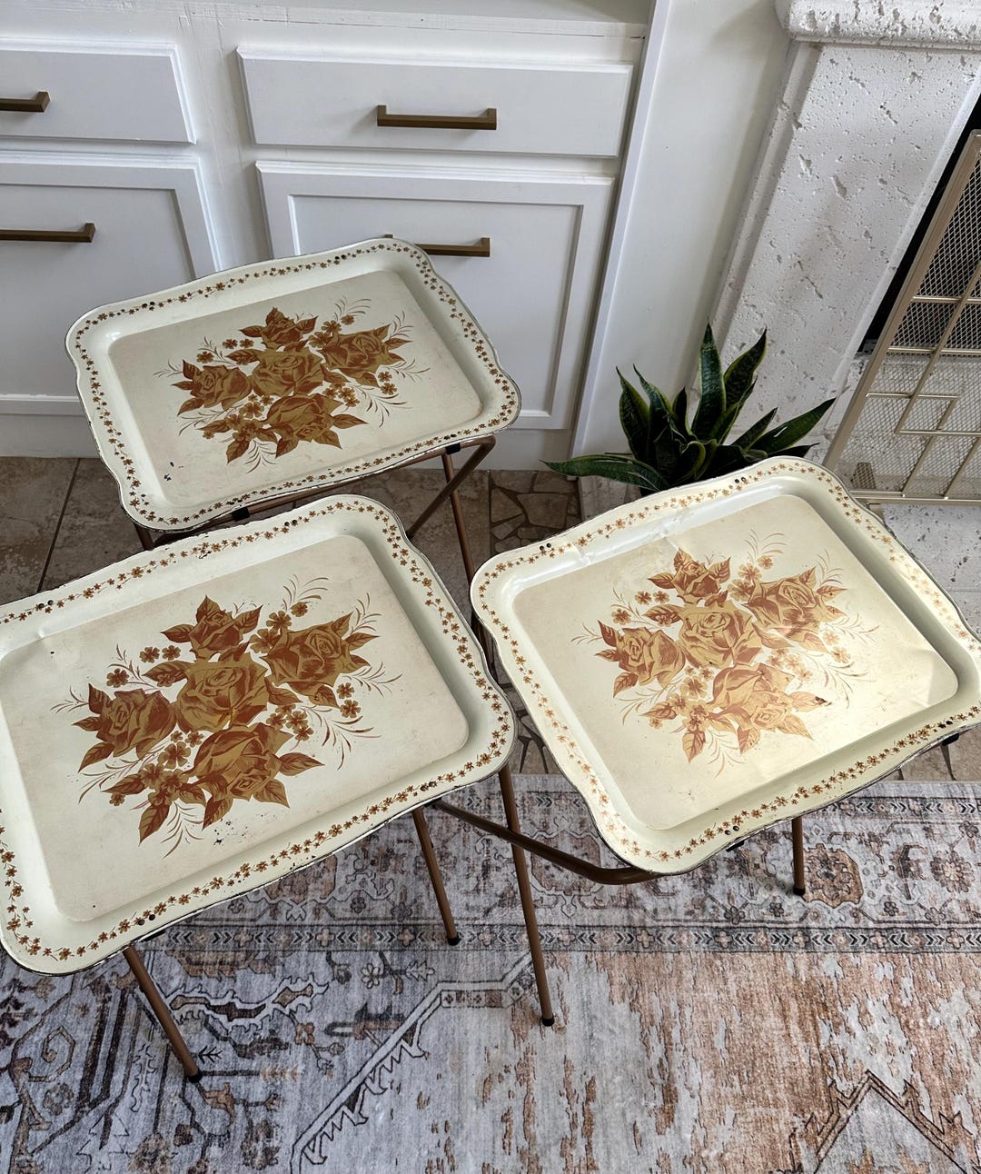 Vintage Metal Floral TV Trays, Set of 3 | 1960’s Folding Tray Tables ...