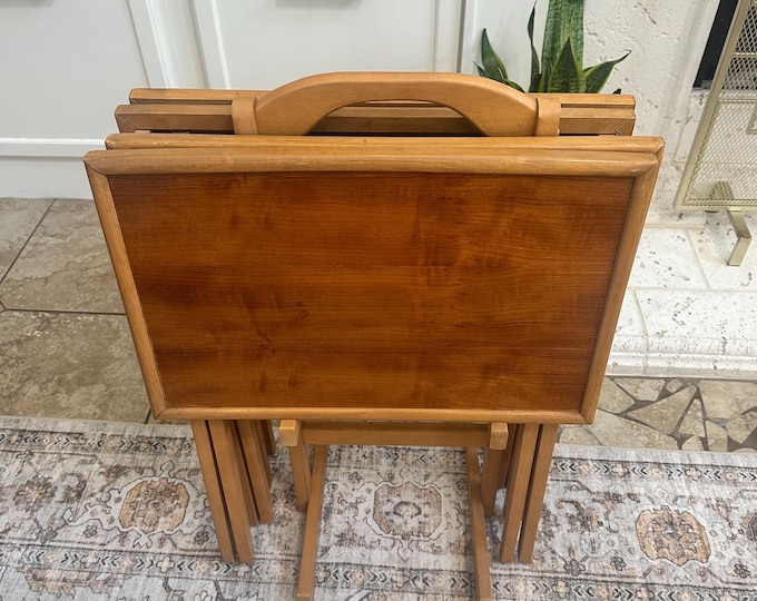 Vintage Teak Wood TV Trays With Stand, Set of 4 | 1970’s Folding Tray ...