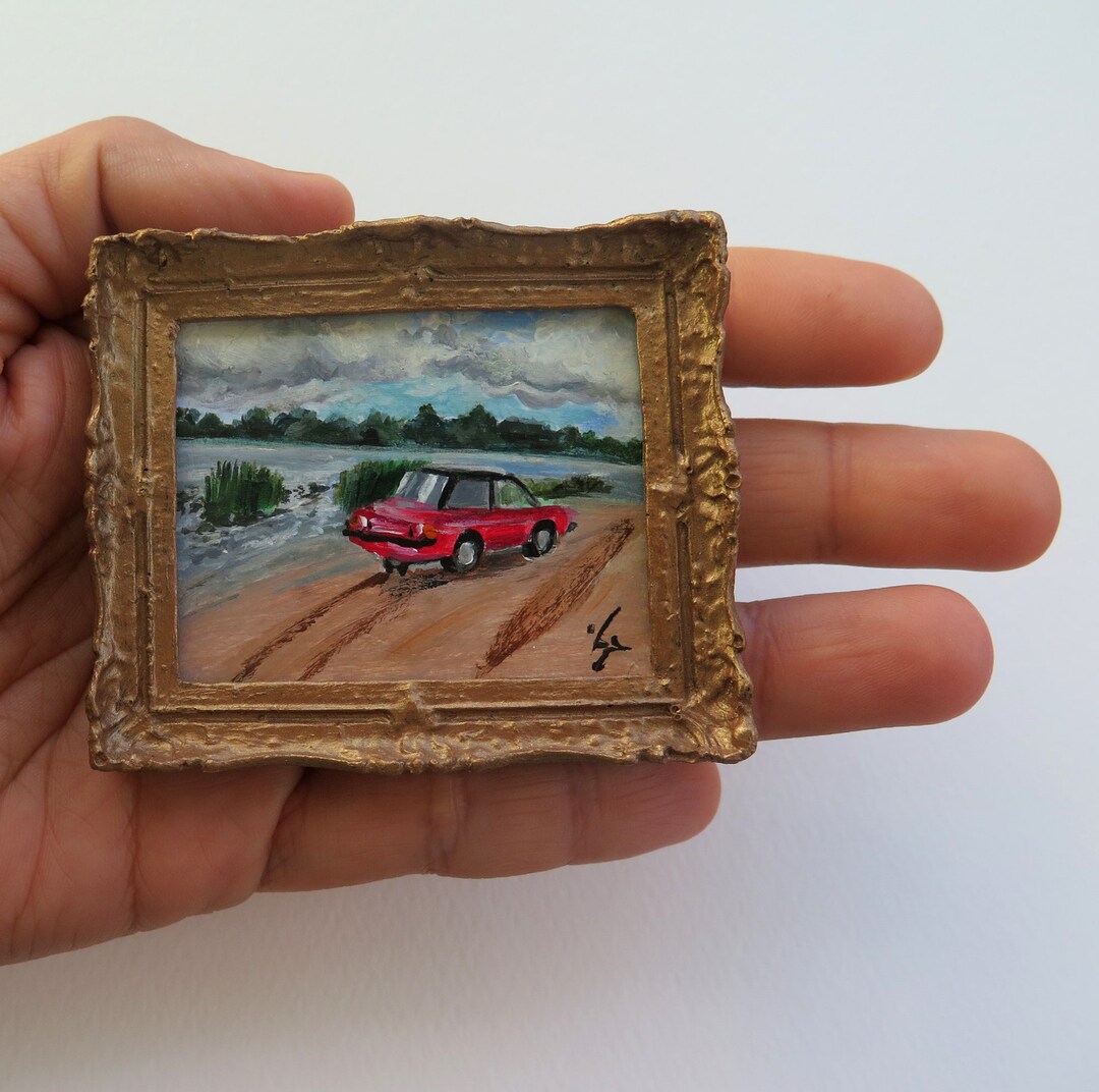Vintage Old Car Miniature Original Painting, Old Red Car Miniature ...