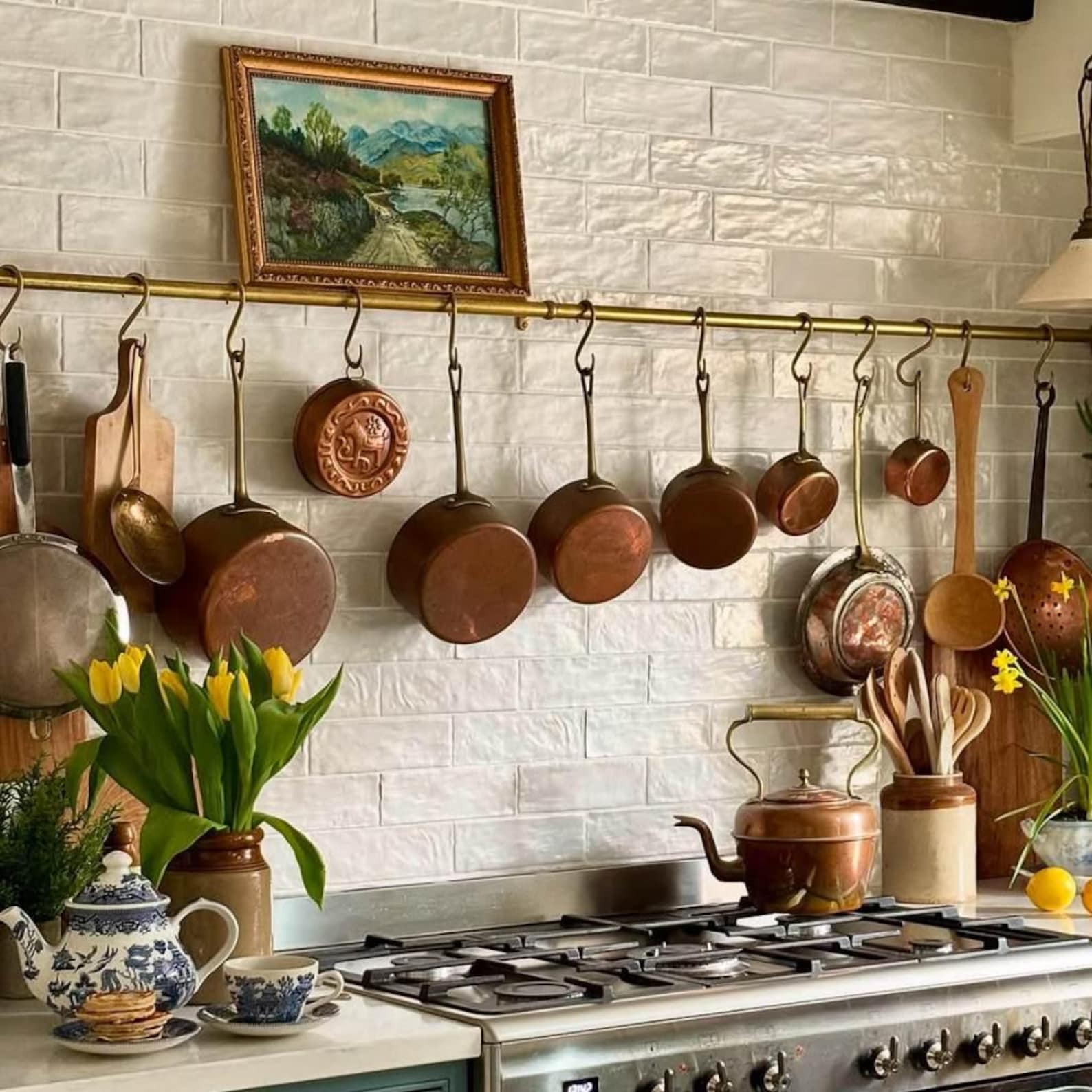 Unlacquered Brass Pot Rail With S Hooks, Brass Kitchen Pot Rail, Wall ...