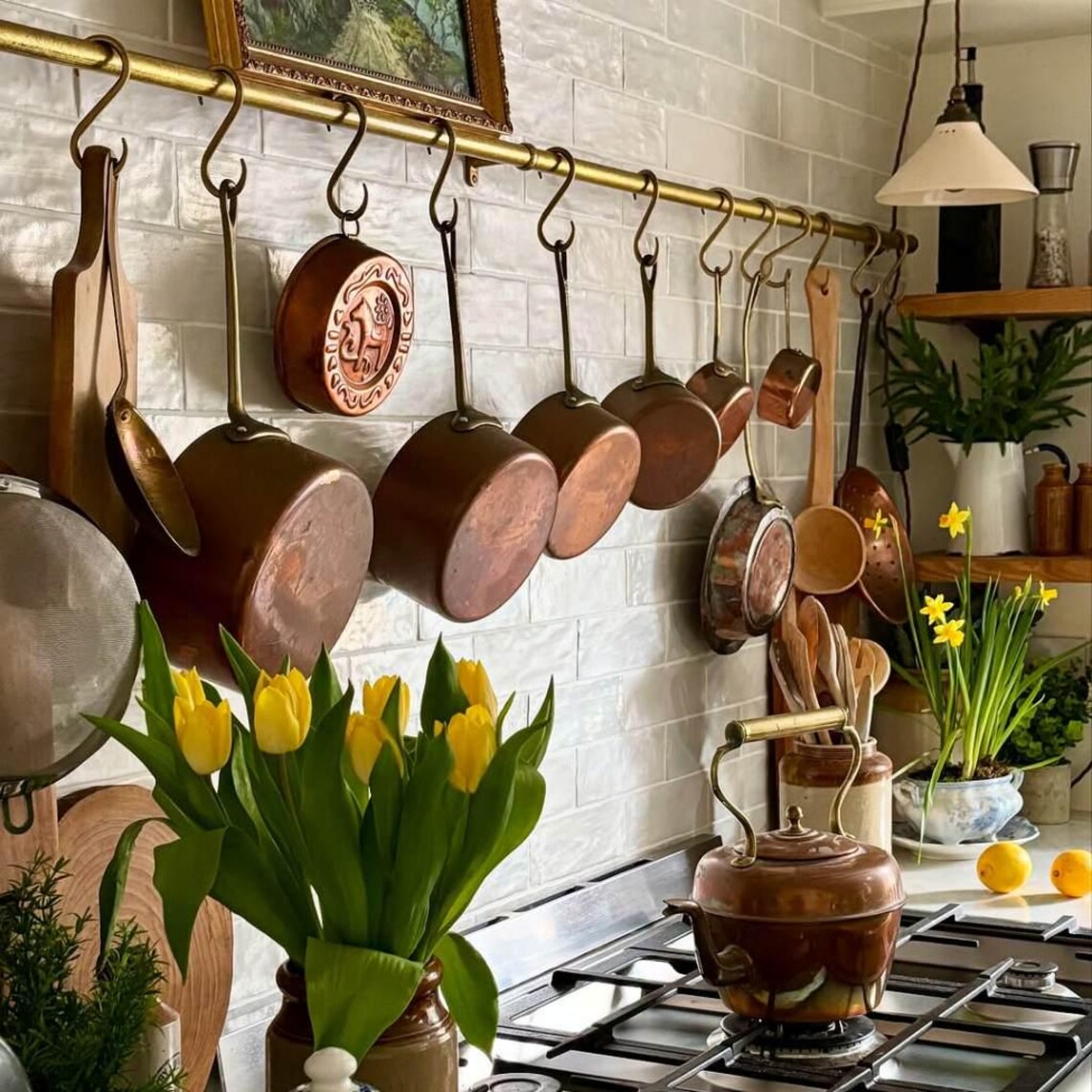 Unlacquered Brass Pot Rail With S Hooks, Brass Kitchen Pot Rail, Wall ...