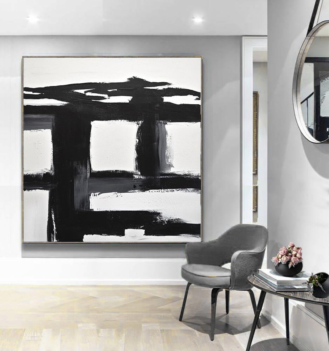 Large Original Black and White Abstract Art Square Painting ...