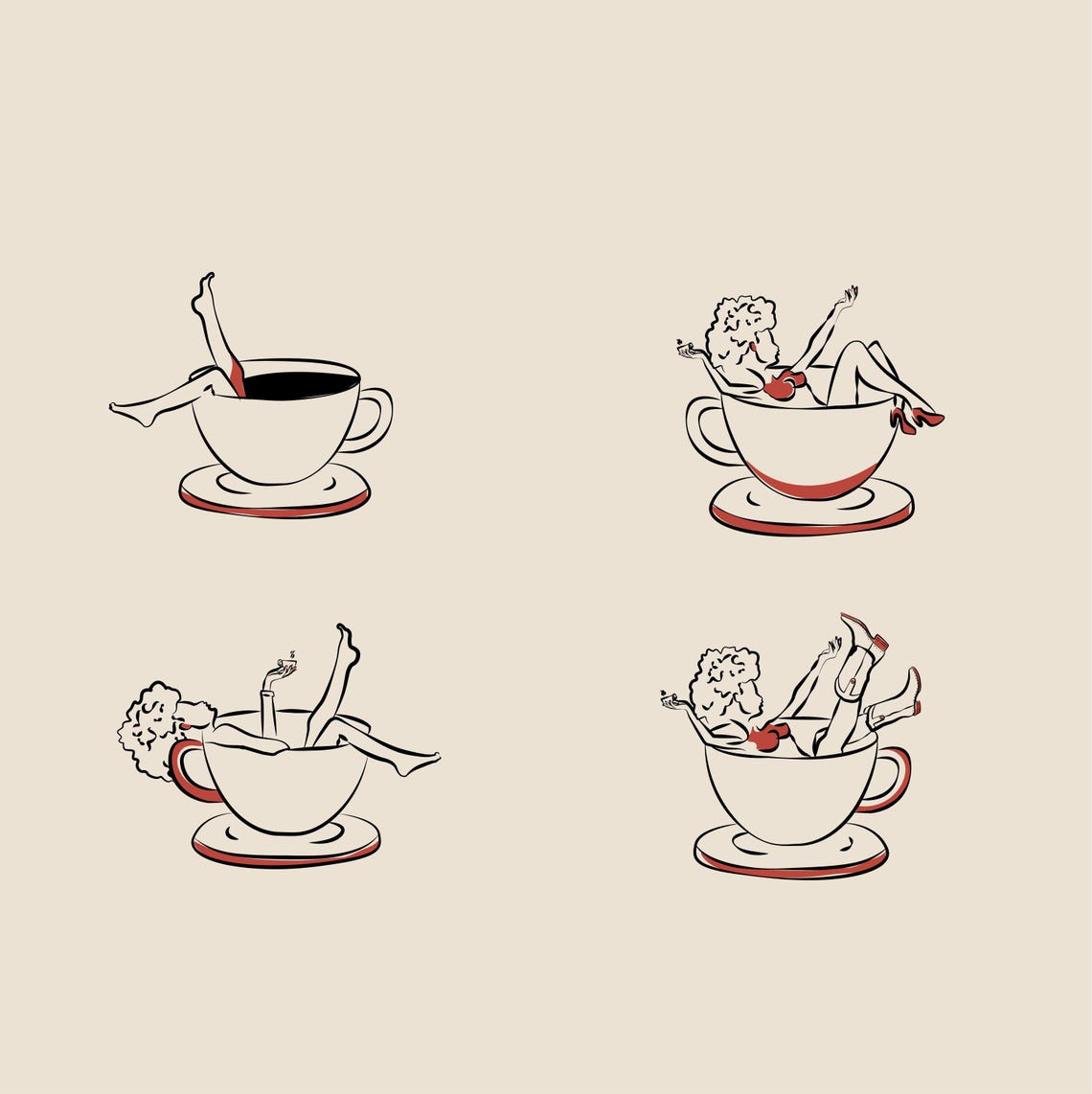 Hand Drawn Illustration of a Girl Lounging in a Cup of Coffee EPS PNG ...