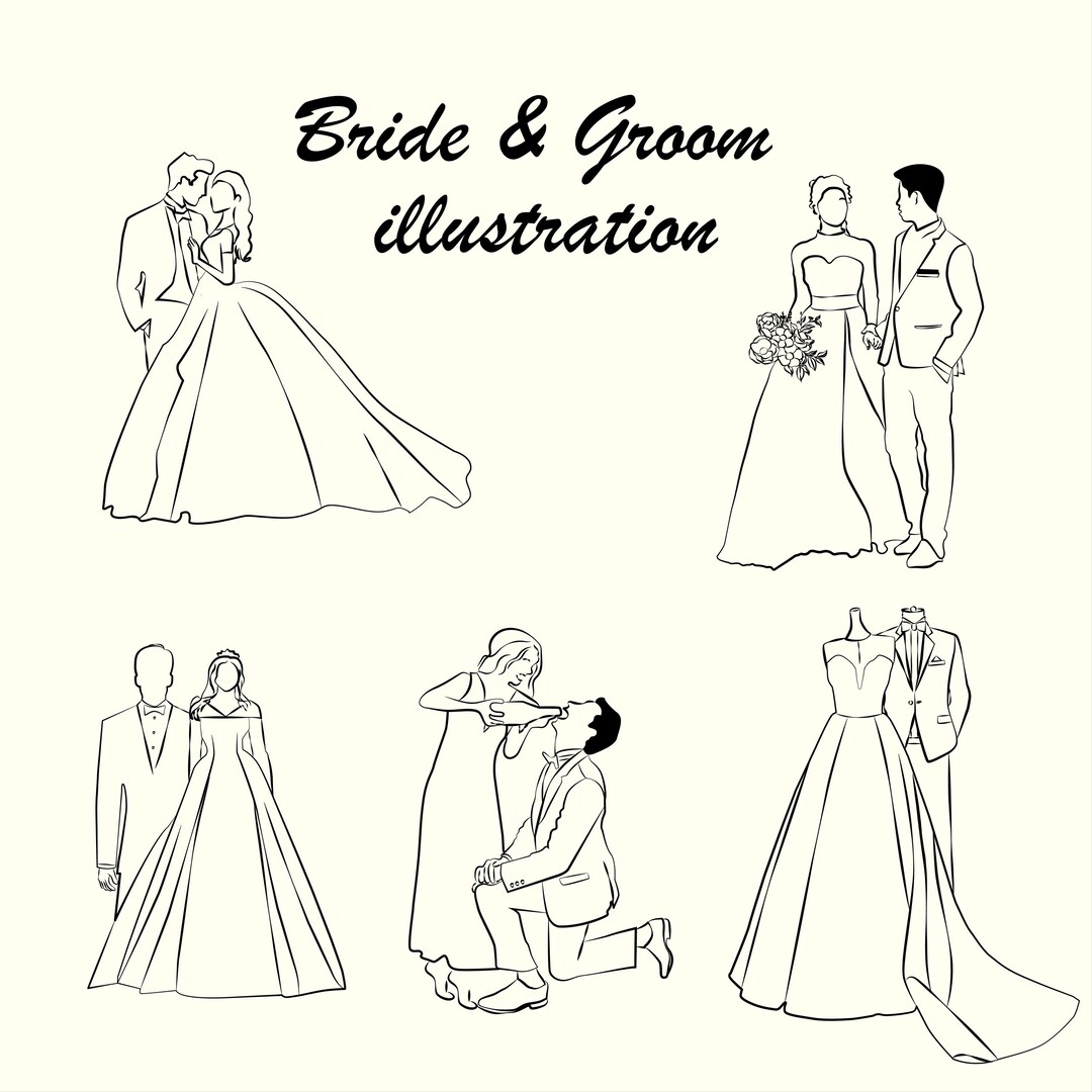 Hand Drawn Bride and Groom Illustration: Minimalist Wedding Clipart ...