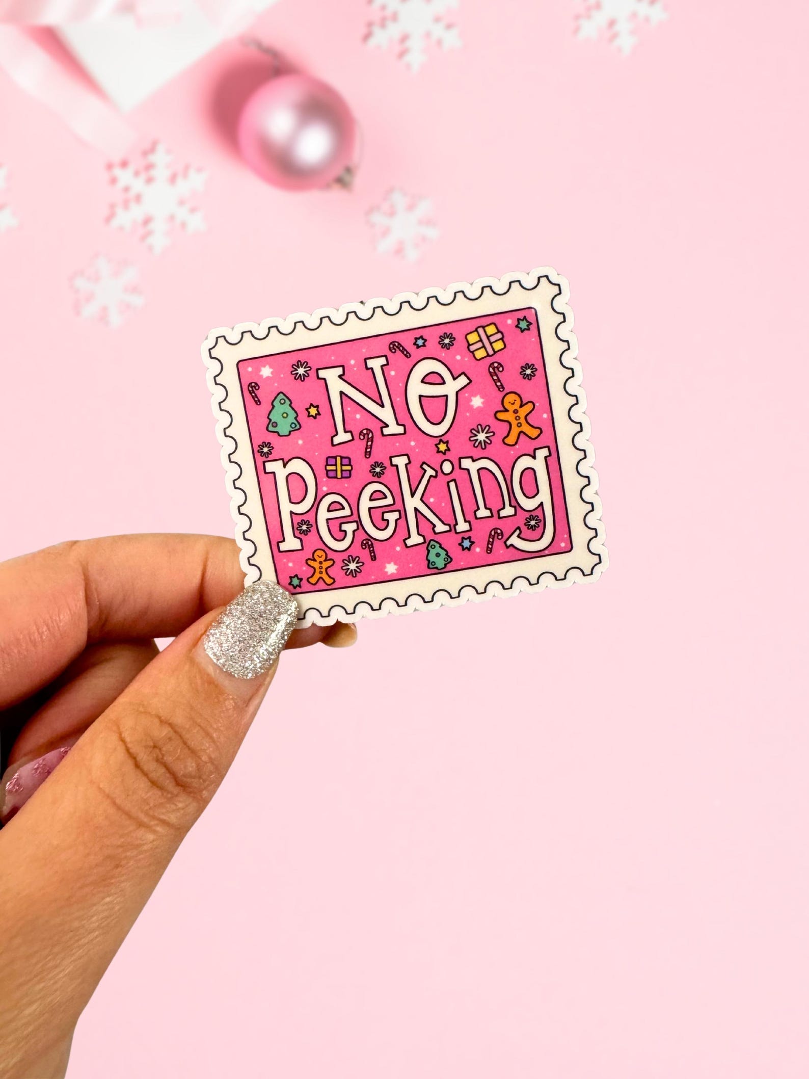 No Peeking Christmas Sticker, Cute Holiday Gift Sticker, Pink Christmas ...