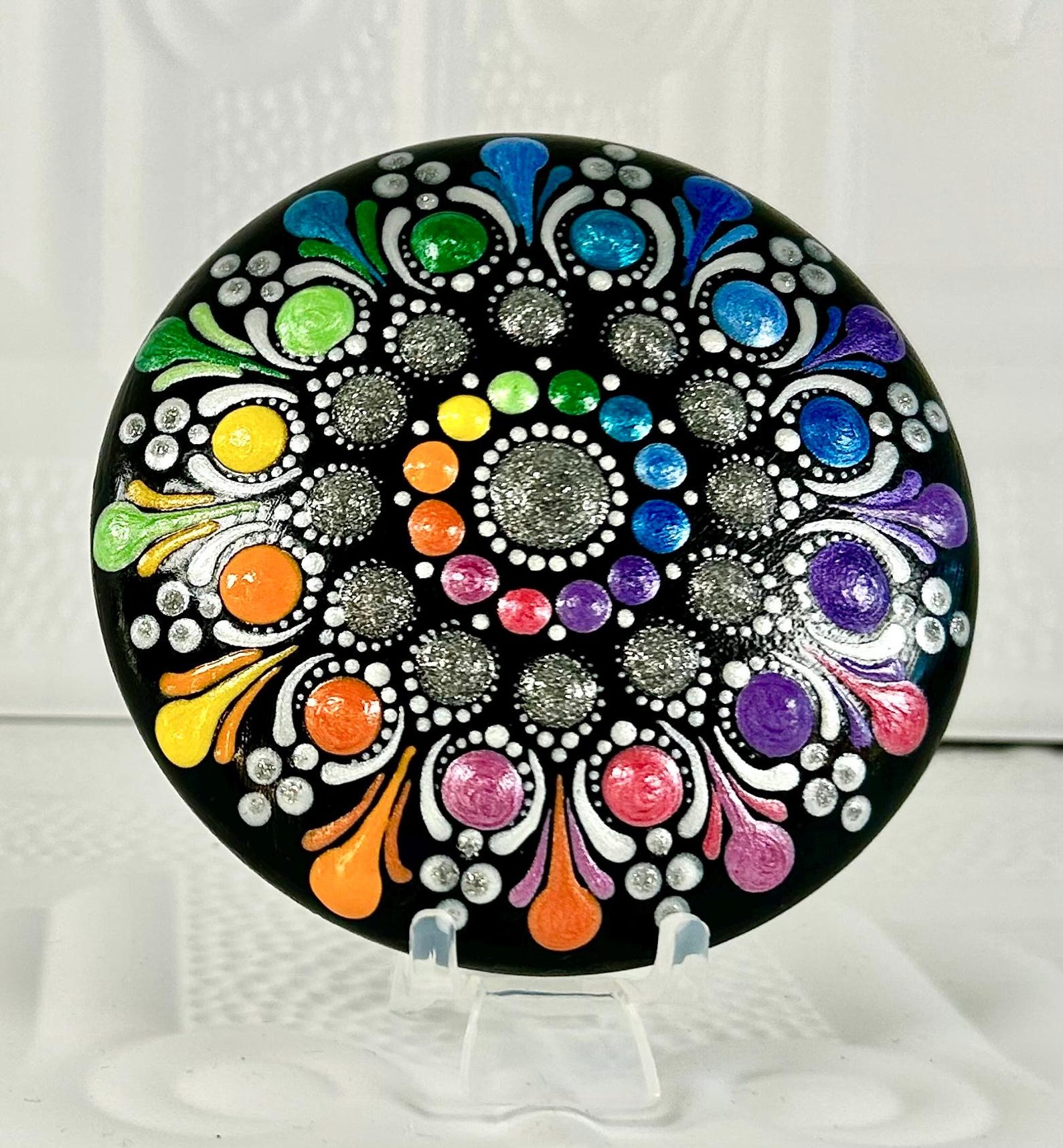Rainbow Painted Mandala Stone, Tabletop Mandala Stone, Hand-painted Dot ...