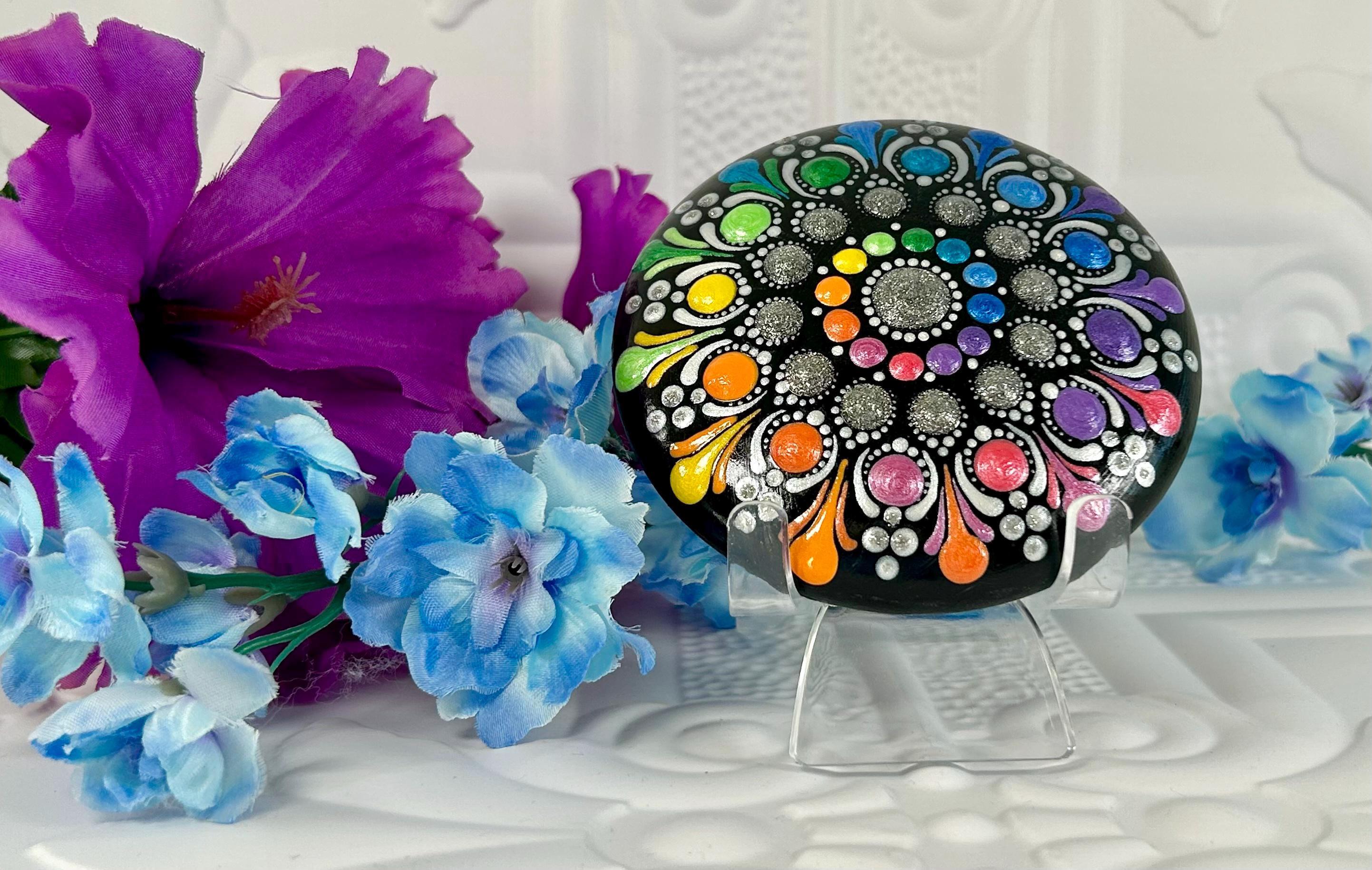 Rainbow Painted Mandala Stone, Tabletop Mandala Stone, Hand-painted Dot ...