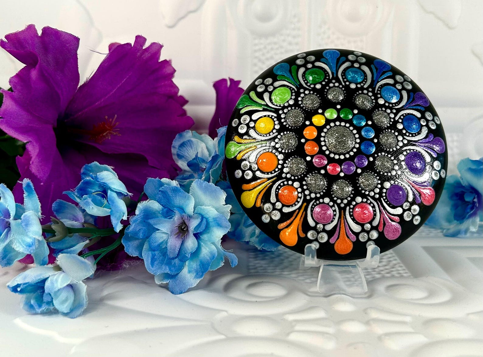 Rainbow Painted Mandala Stone, Tabletop Mandala Stone, Hand-painted Dot ...