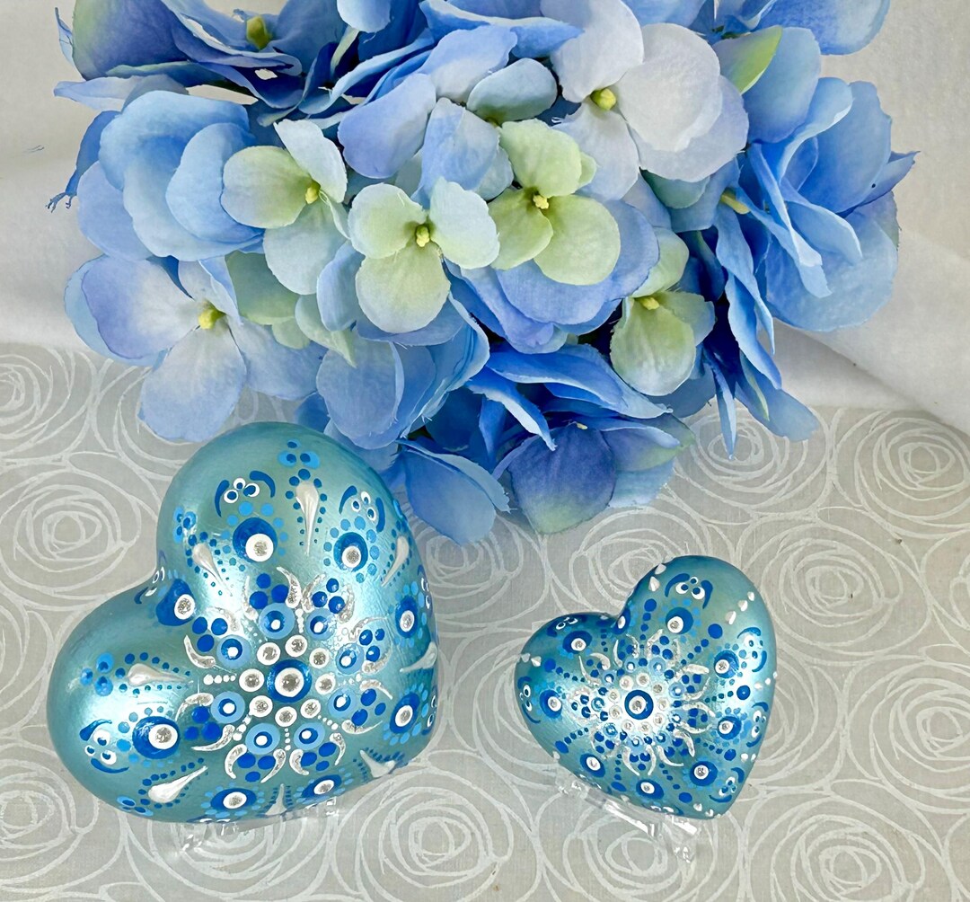 Pair of Matching Metallic Blue Puffy Heart Mandalas, Home Decor, Dot ...