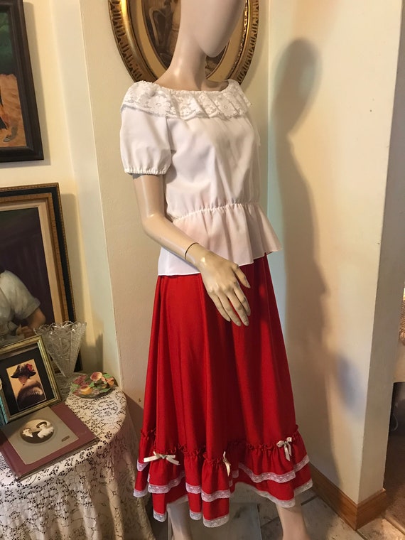 Vintage 70s Darling Bohemian Red White Bows Skirt Whi… - Gem