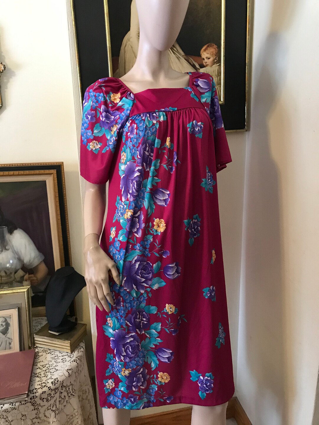 Vintage 60s Bold Plum Blue Floral Ladies Lingerie Nightgown Nightie ...