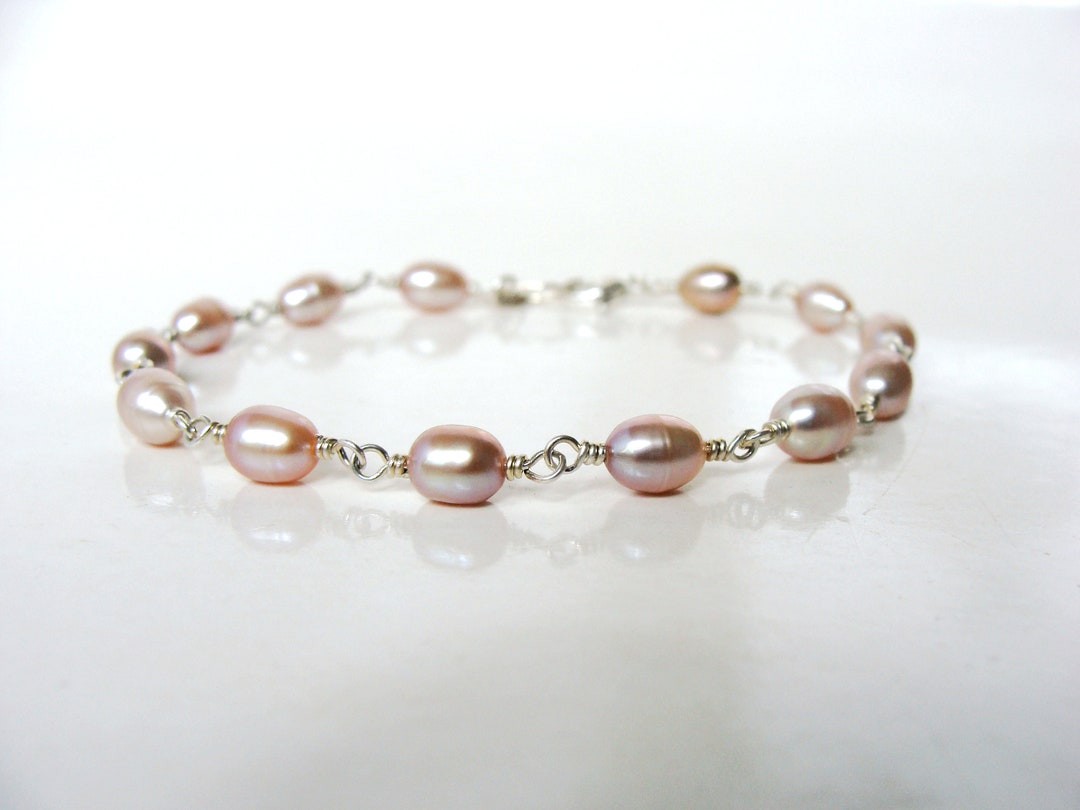 Oval Pink Pearl Bracelet, Argentium Silver Wire Wrapped Mauve Pink Rice ...