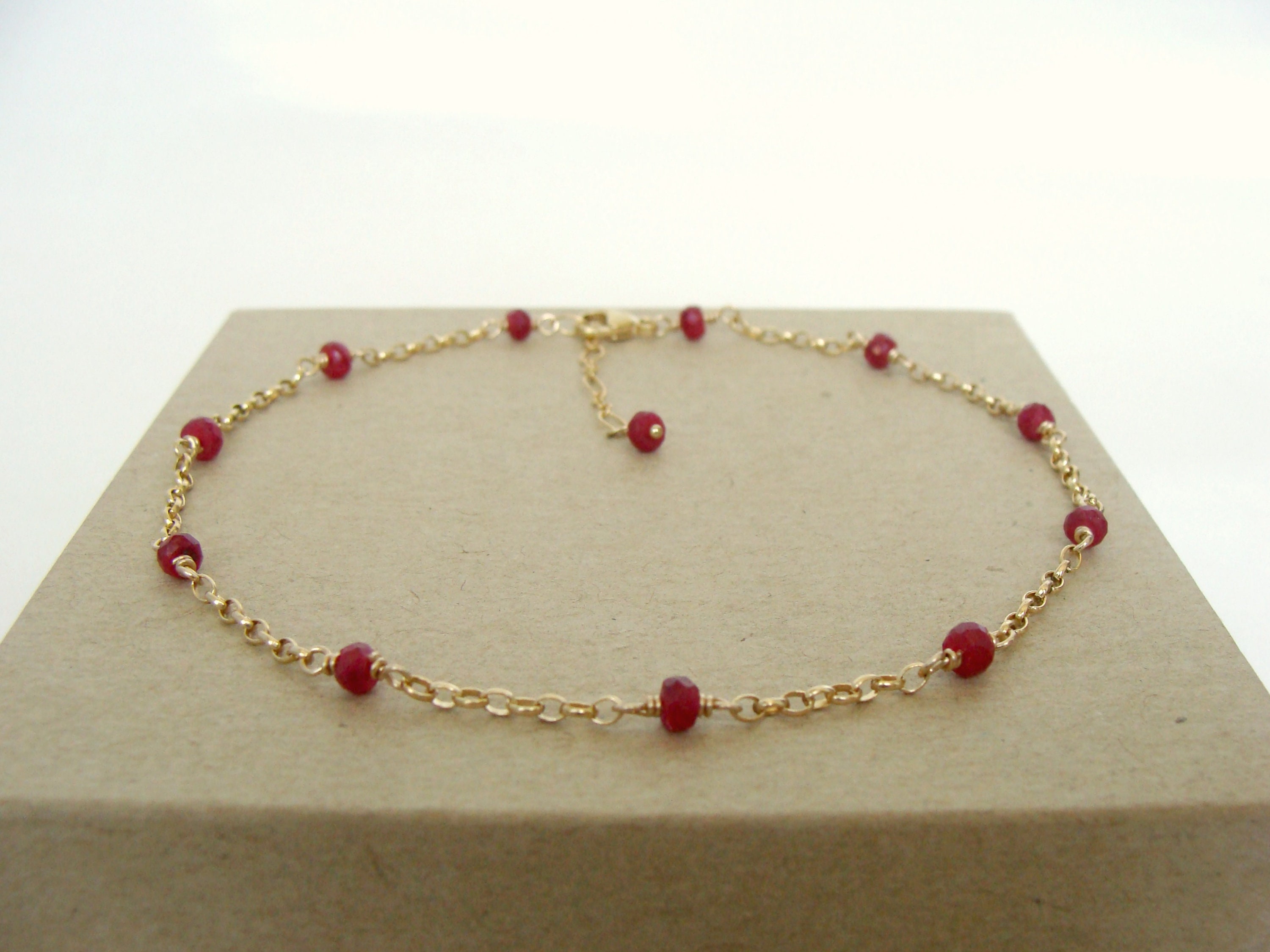 Gold ruby anklet dainty red gemstone 14k goldfill dainty | Etsy