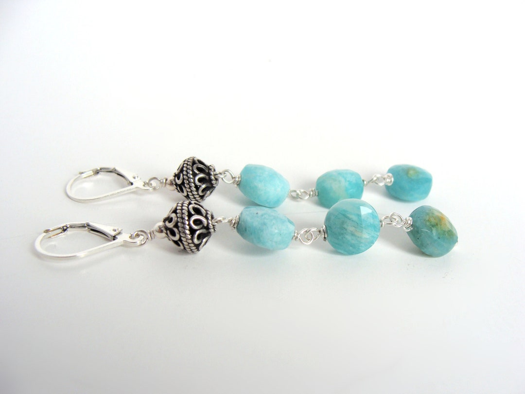 Peruvian Amazonite Earrings, Long, Teal Blue Stones, Sterling Silver ...