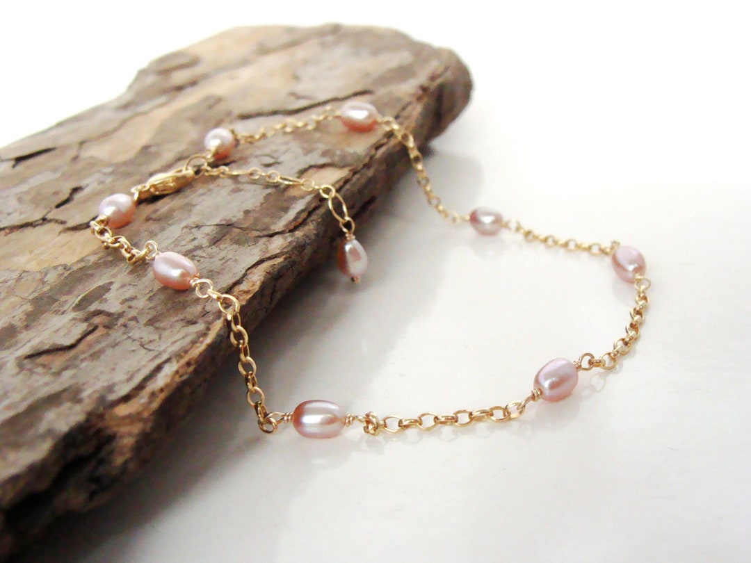 Pink Pearl Gold Anklet, Genuine Pale Pink Oval Pearls on 14kt Gold ...