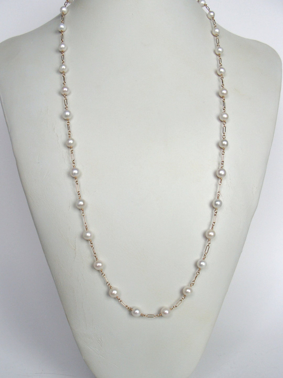 Long Gold Pearl Chain, Station Chain, 7mm White Pearls, Pearl Necklace ...