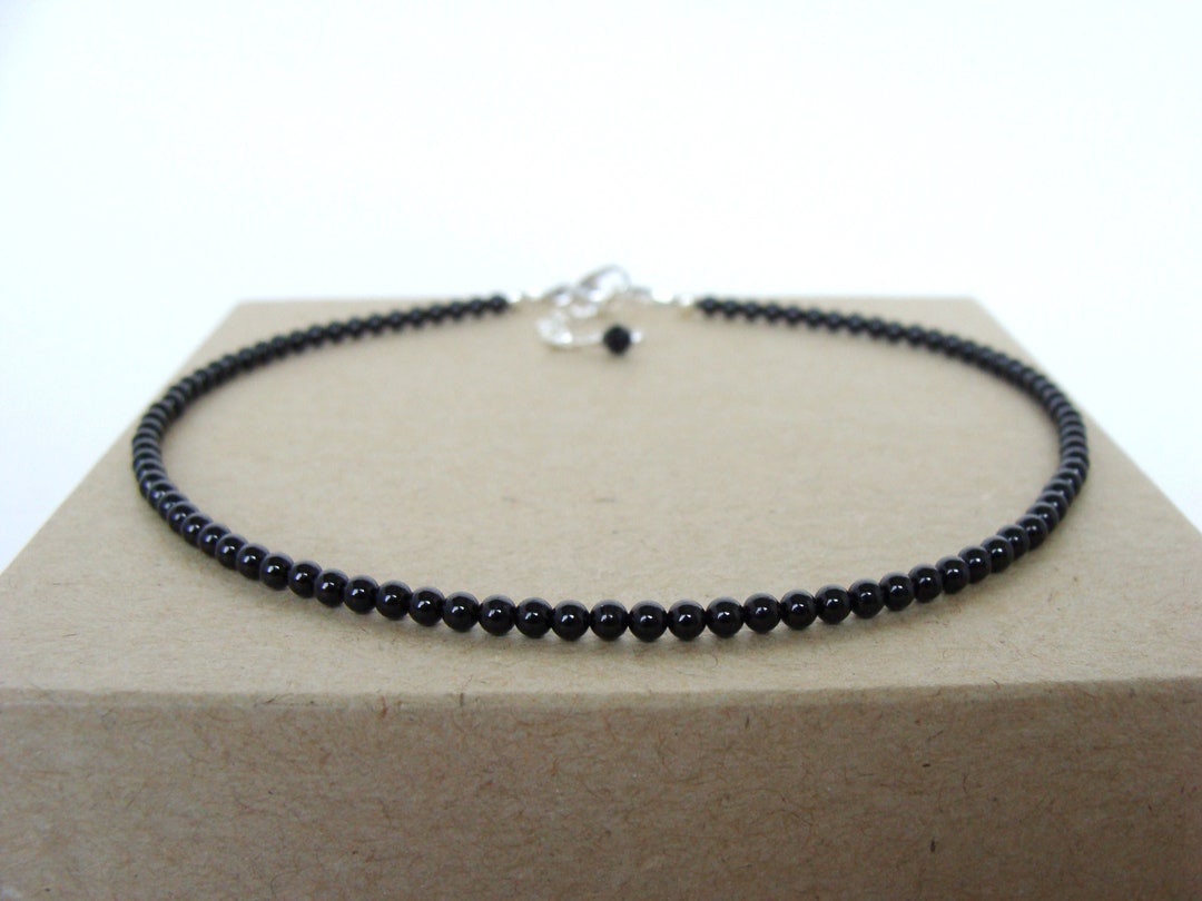 Black Tourmaline Anklet, Sterling Silver, Skinny Thin Beaded Anklet ...