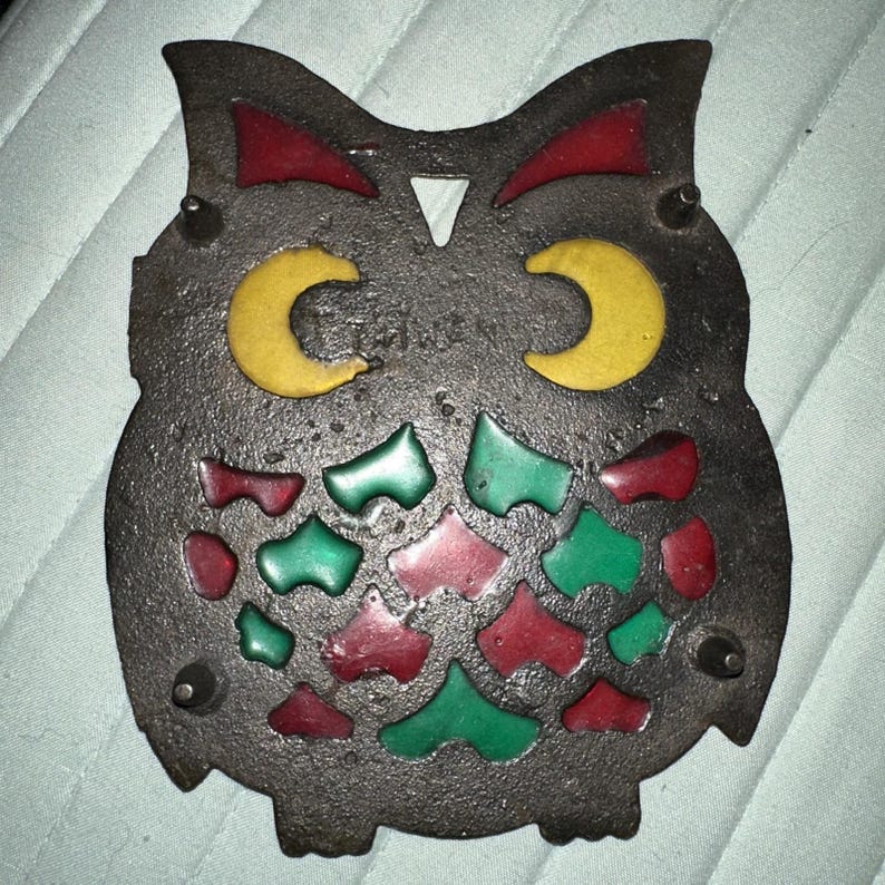 VTG MCM Cast Iron & Stain Glass Owl Trivet Taiwan Retro 60-70s Granny ...