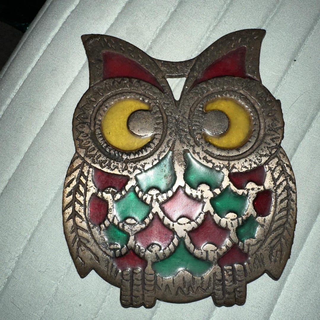 VTG MCM Cast Iron & Stain Glass Owl Trivet Taiwan Retro 60-70s Granny ...