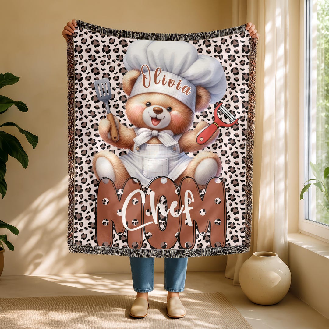 Personalized Chef Mom Blanket, Custom Name Gift With Teddy Bear, Cute ...