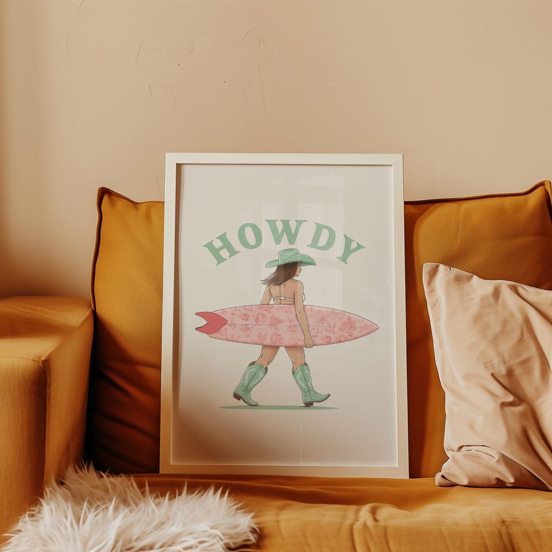 Coastal Cowgirl Toile Surfboard Art Print | Howdy Typography Decor ...