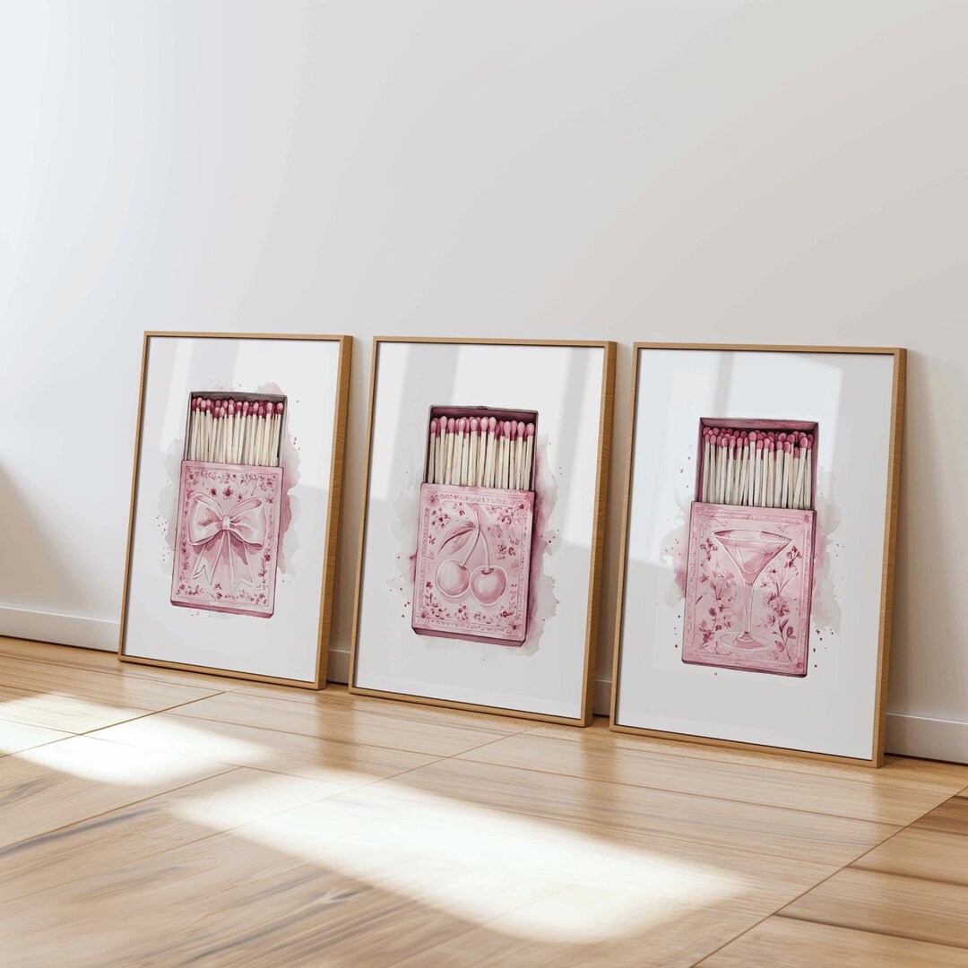 Pink Matchbox Three Piece Wall Art Print | Cherries Martini Bow ...