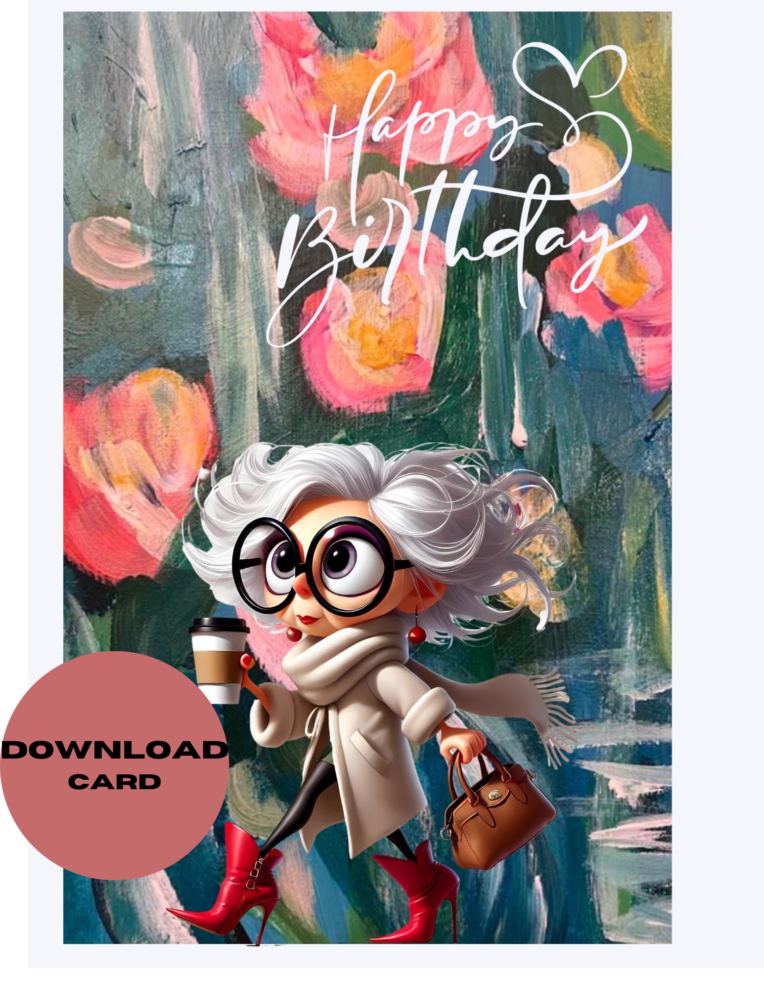 Funky Birthday Card – Grey Haired Lady, Coffee & Red Boots (digital ...