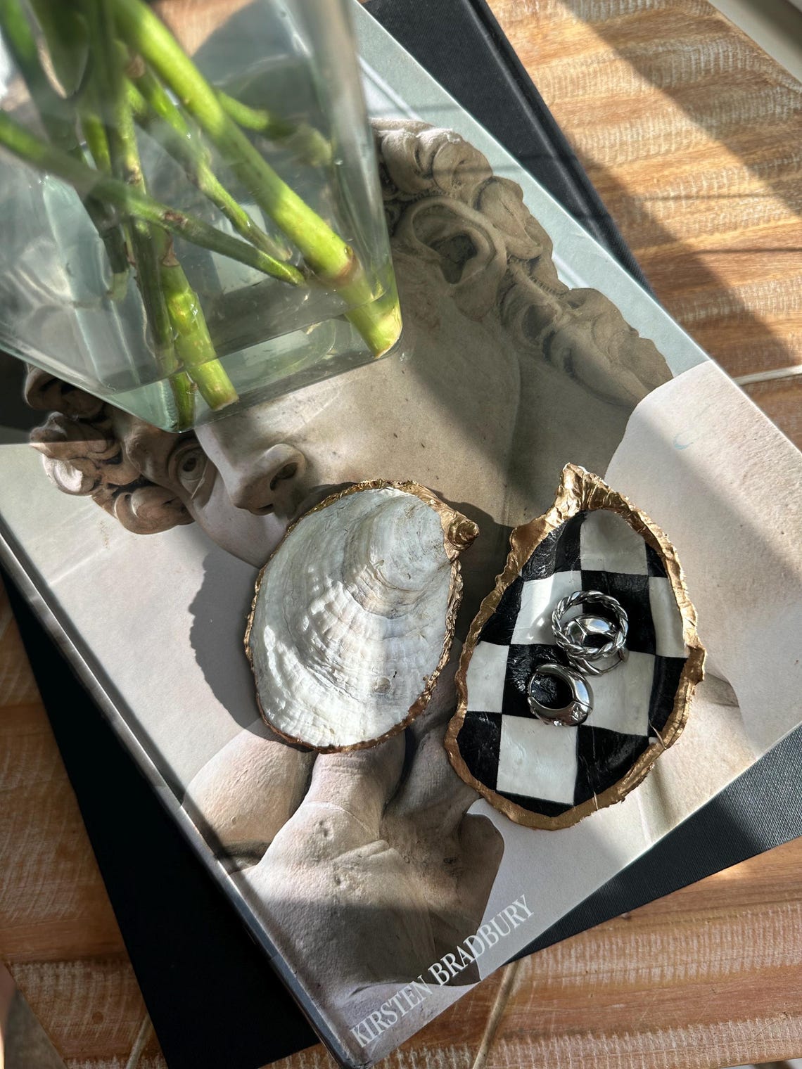 Black & White Checkered Oyster Shell Trinket Dish, Oyster Shell Ring ...