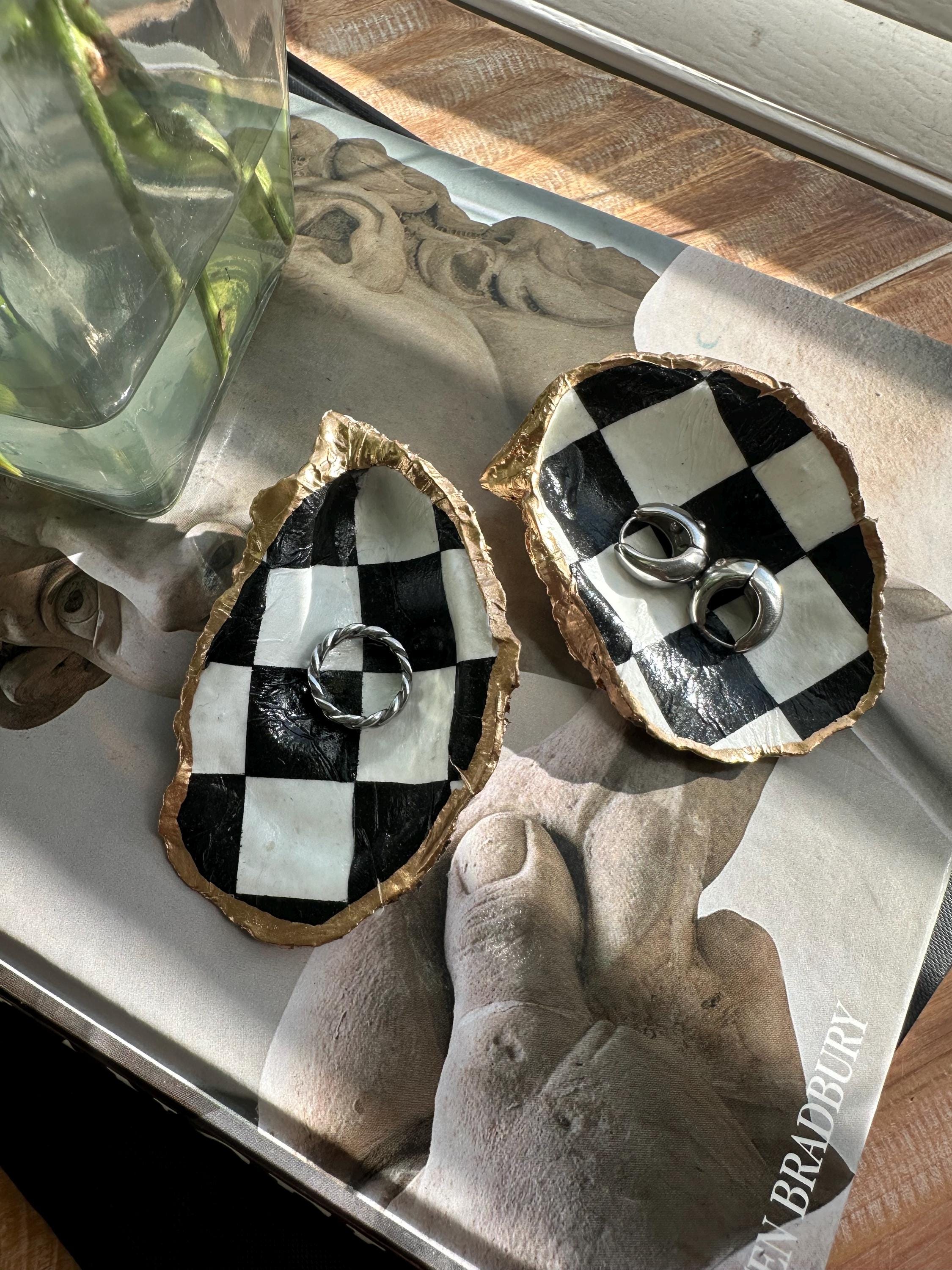 Black & White Checkered Oyster Shell Trinket Dish, Oyster Shell Ring ...