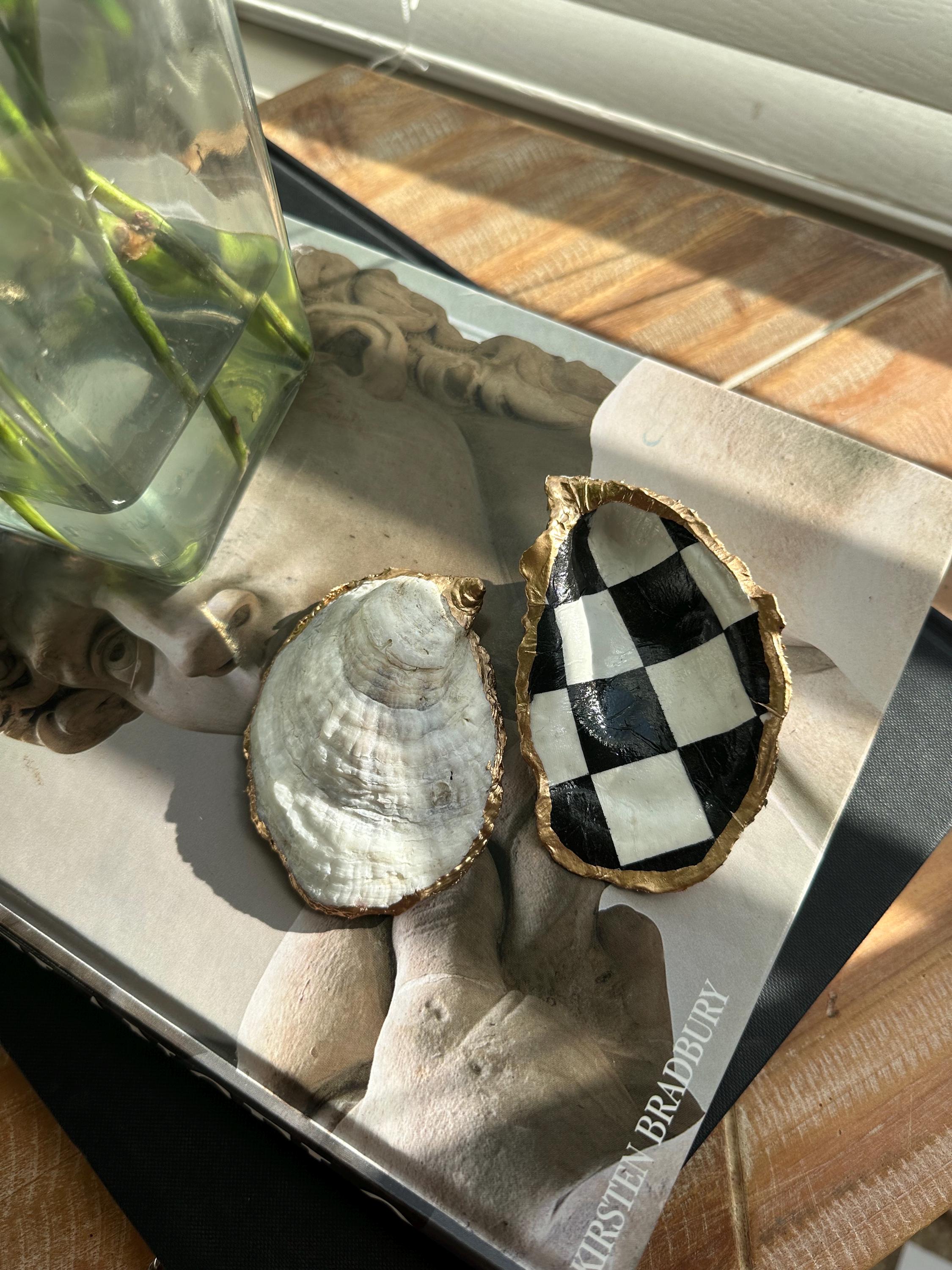 Black & White Checkered Oyster Shell Trinket Dish, Oyster Shell Ring ...