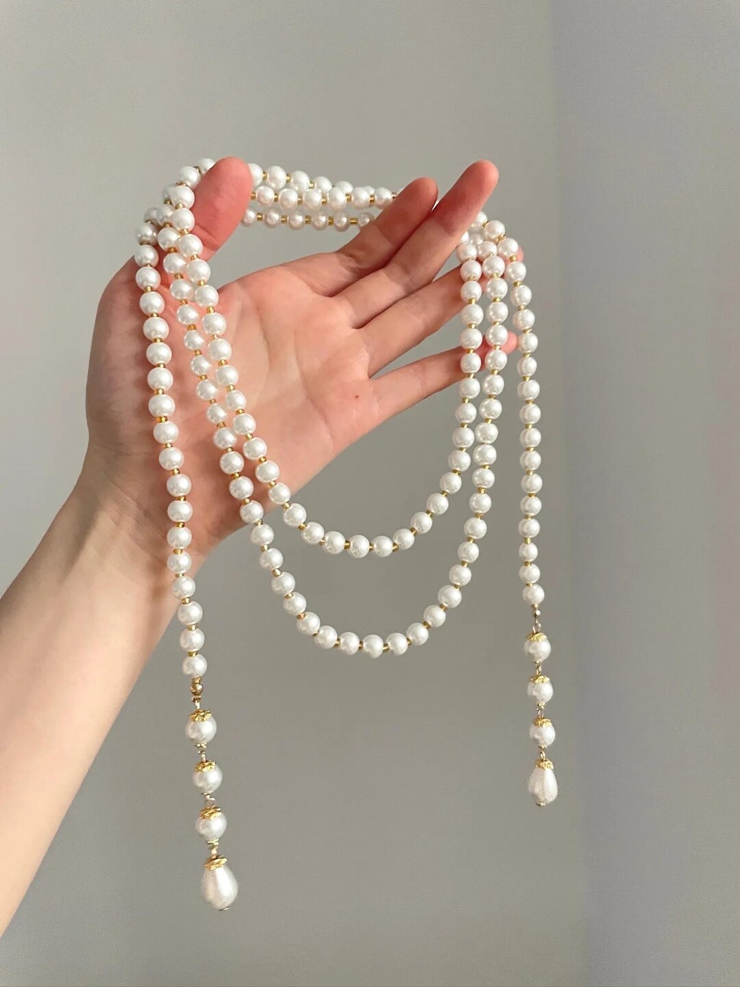 Elegant Long Pearl Necklace: Vintage Gold Accent, Timeless Design - Etsy