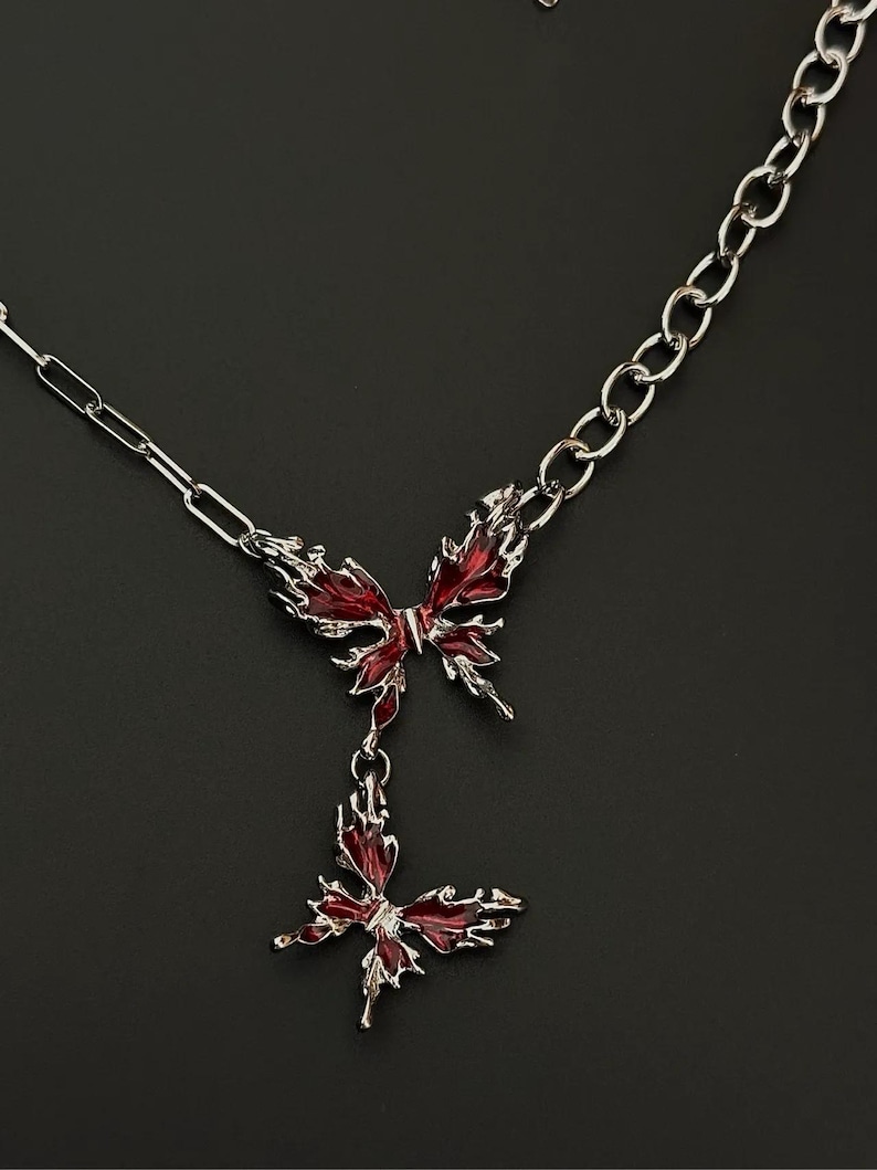 Elegant Silver Butterfly Chain Necklace With Double Pendant, Red Enamel ...