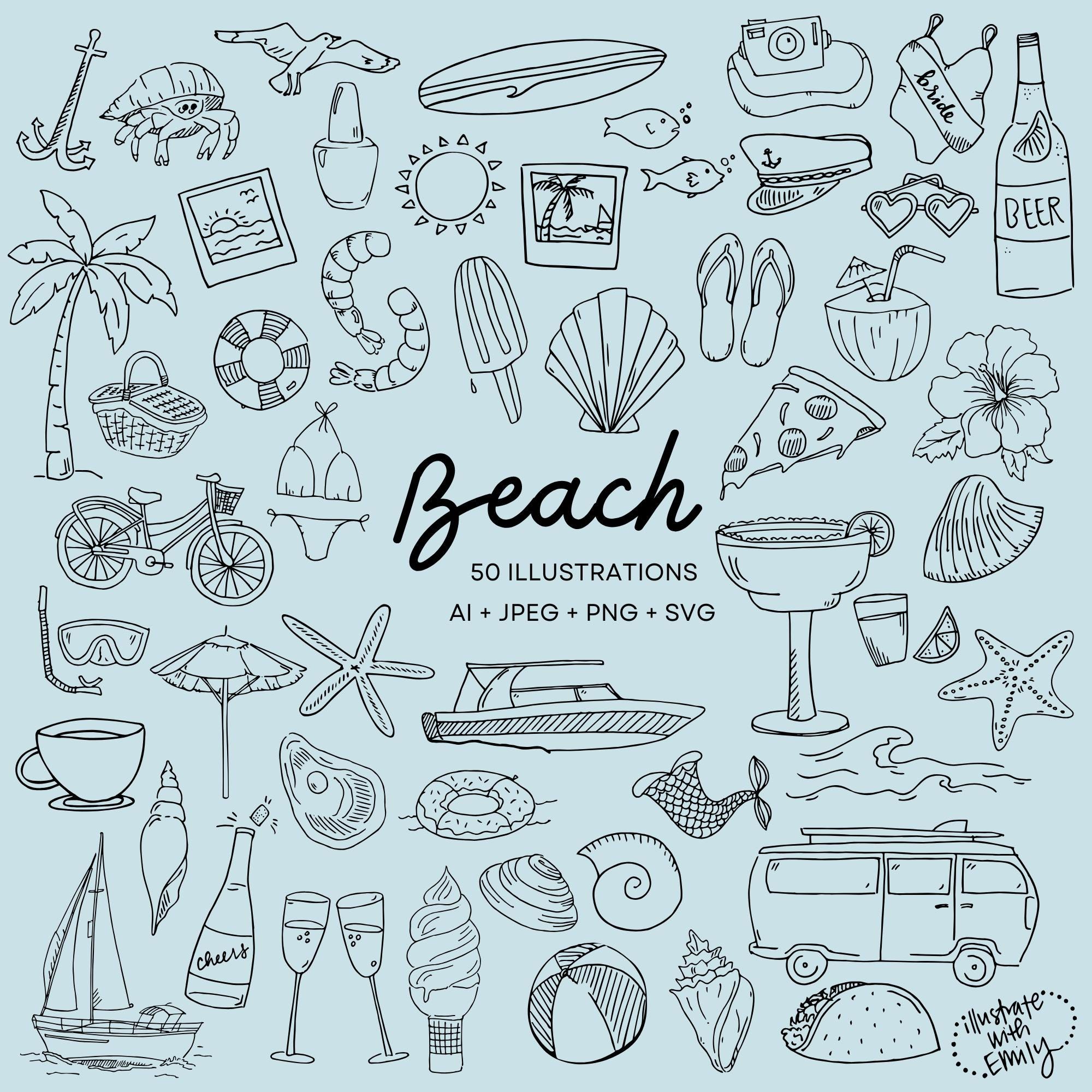 Beach Illustrations Mega Pack - 50 Hand Drawn Images - Etsy