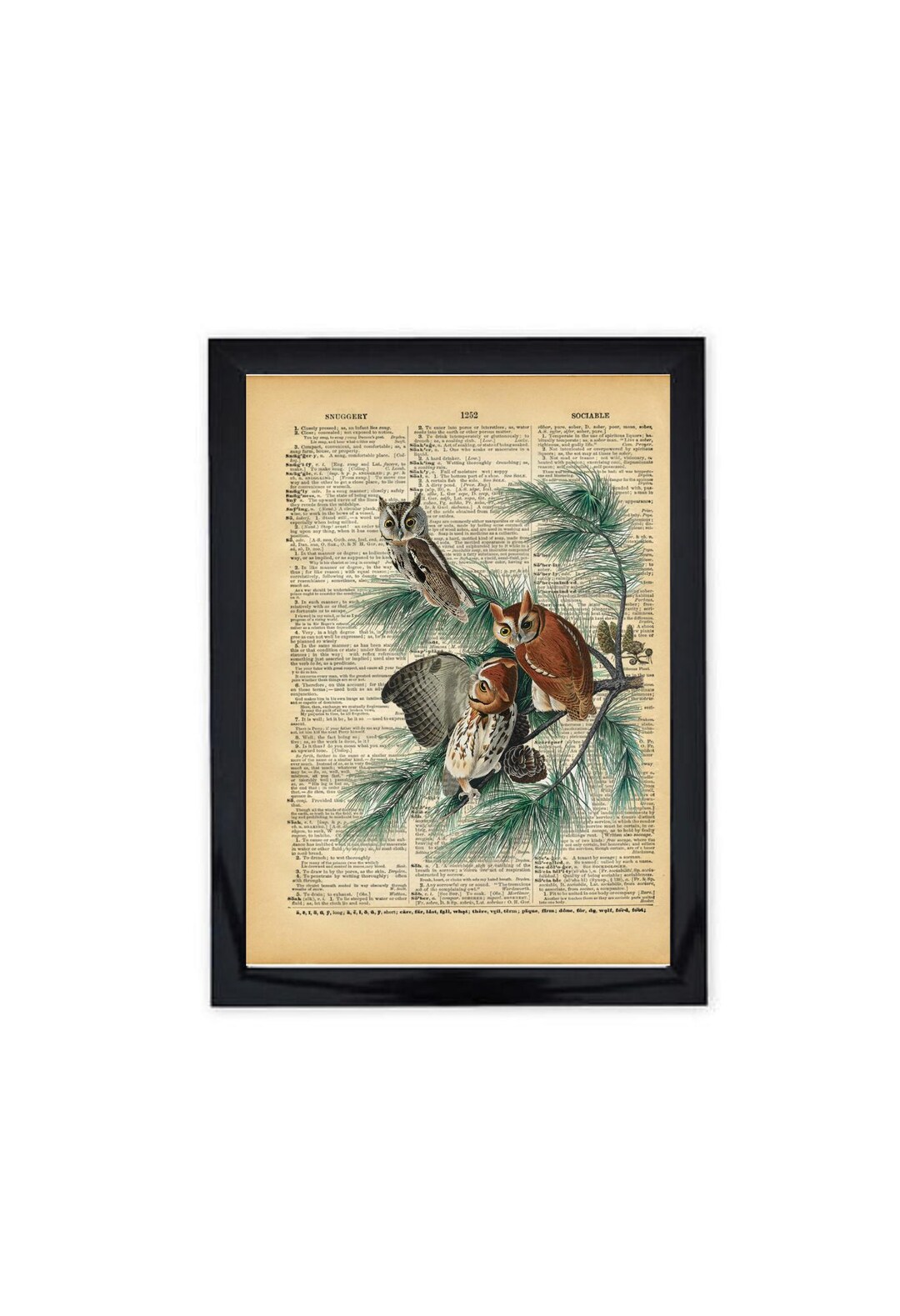 Owls in A Pine Tree Art Print Vintage Book Print Recycled Vintage Dictionary Page Collage ...