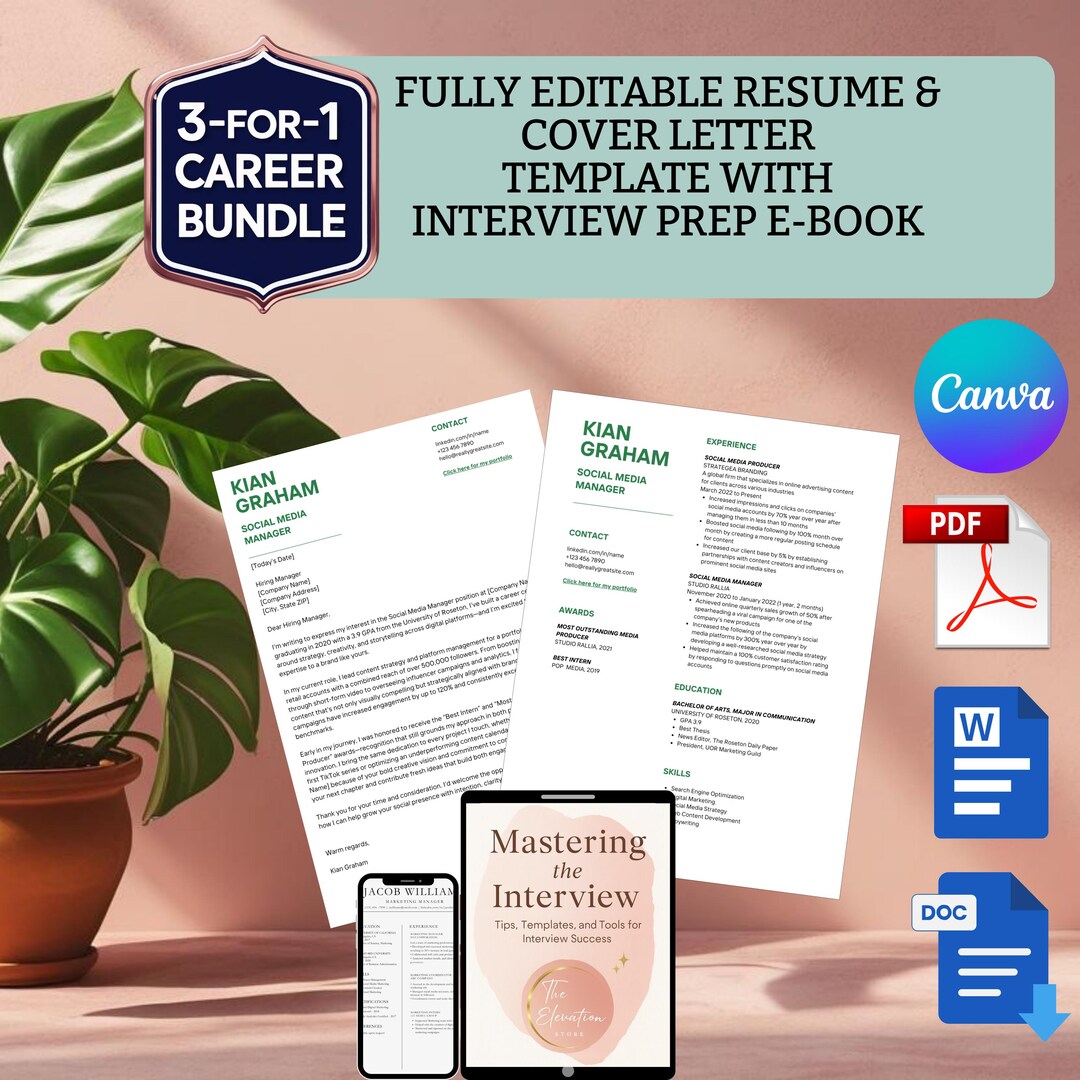 Resume Template Bundle: Cover Letter & Interview Prep Ebook (digital ...