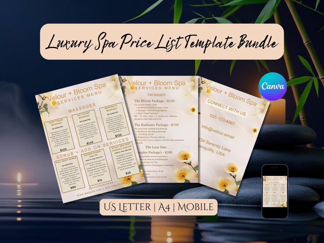Elegant Spa Price List Template Bundle: Salon Pricing Guide With QR ...