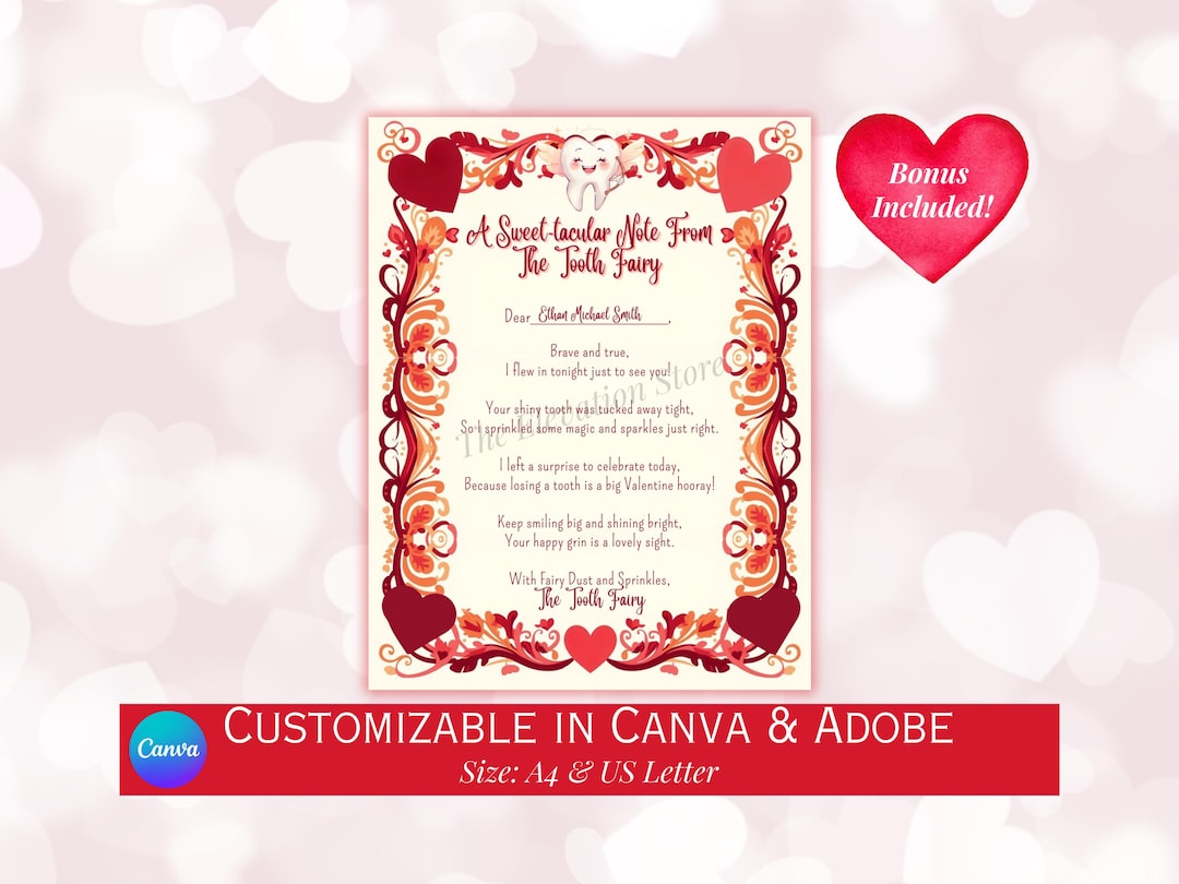 Classic Hearts Valentines Themed Tooth Fairy Letter Set, Editable in ...