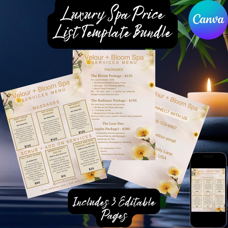 Elegant Spa Price List Template Bundle: Editable Canva Design (digital ...