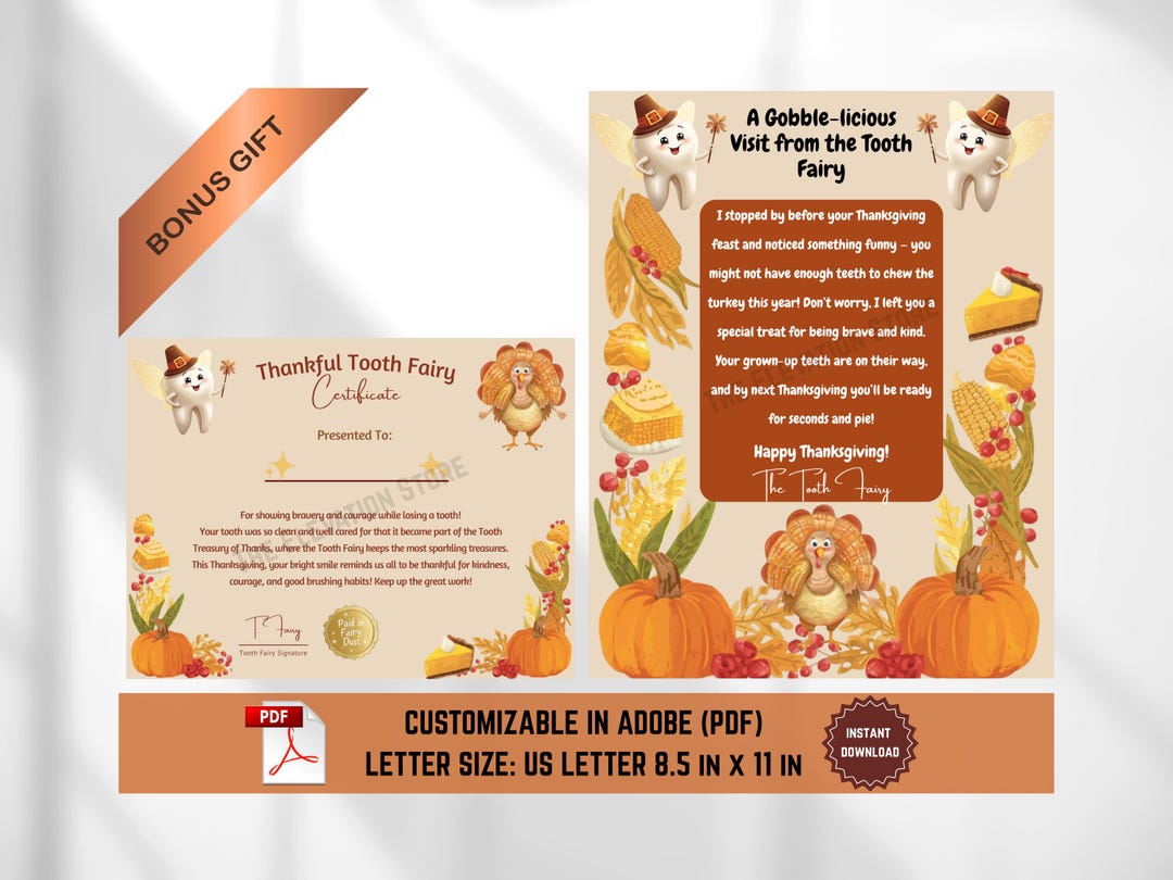 Thanksgiving Themed Tooth Fairy Letter & Certificate Bundle (digital ...