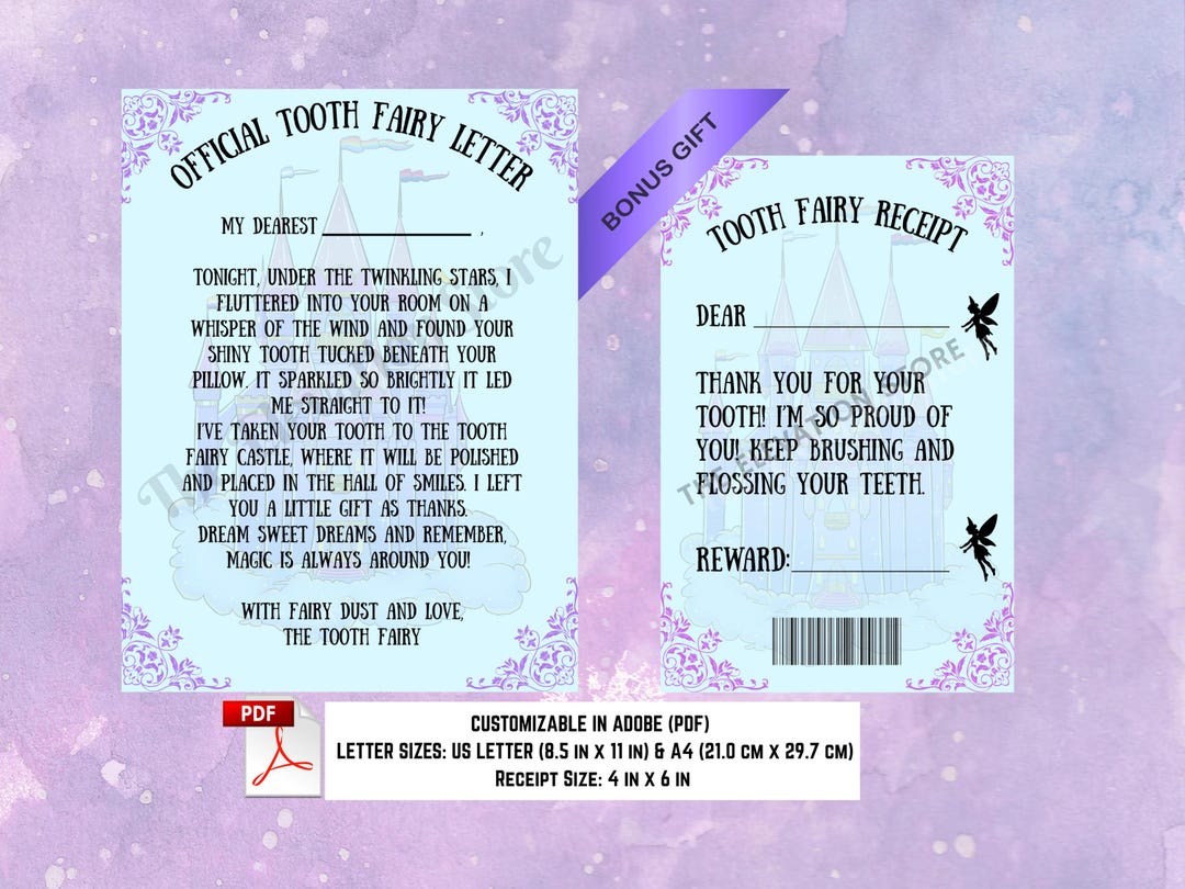 Purple Castle Tooth Fairy Letter & Receipt Set, Tooth Fairy Printable ...