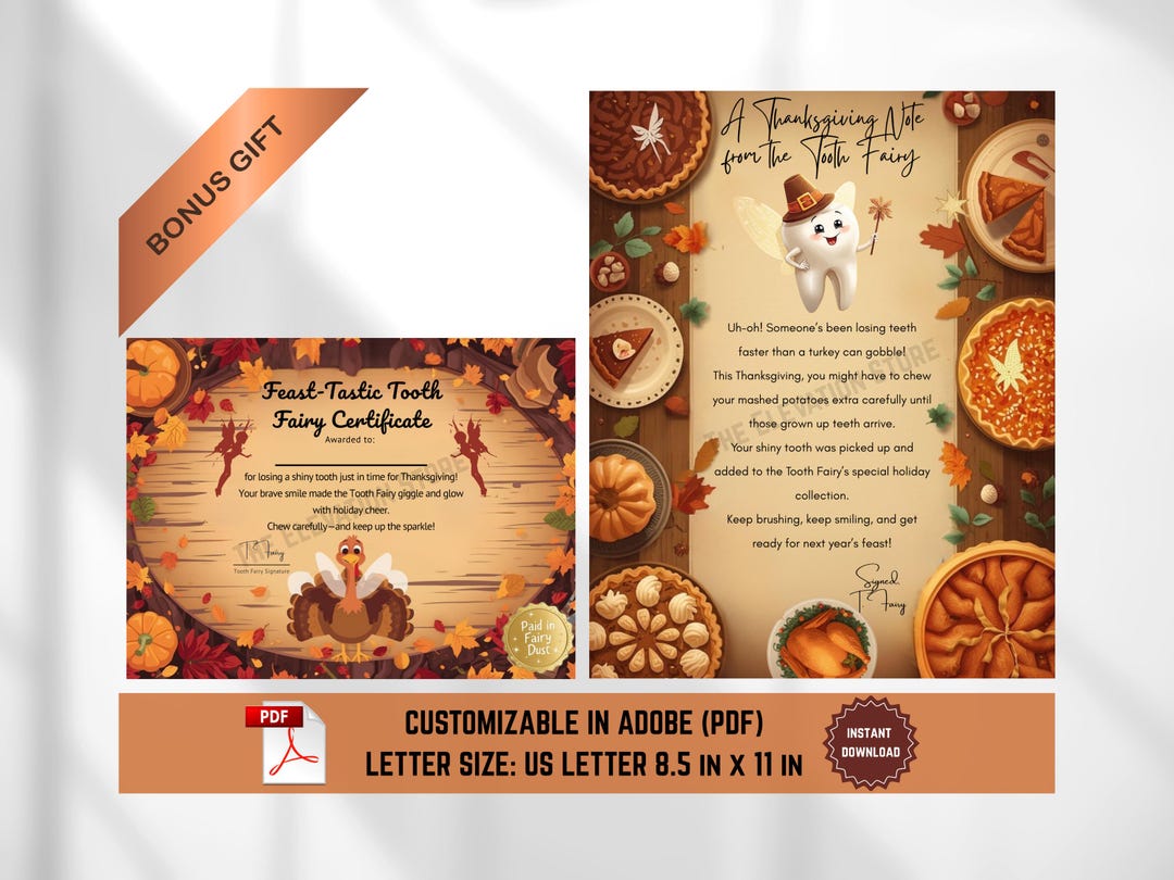 Thanksgiving Themed Tooth Fairy Letter & Certificate Bundle (digital ...