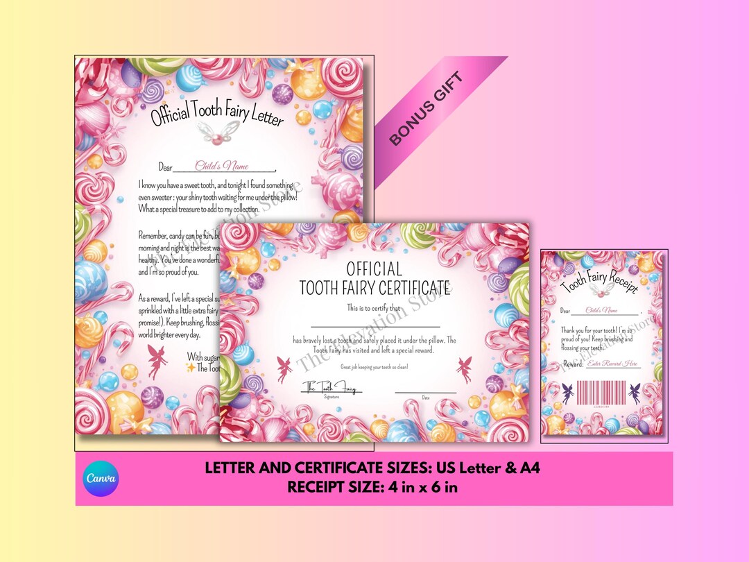 Candy Themed Tooth Fairy Letter Certificate and Receipt Set, Editable ...