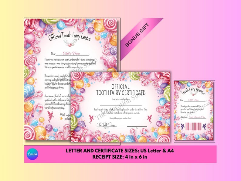 Candy Themed Tooth Fairy Letter Certificate and Receipt Set, Editable ...