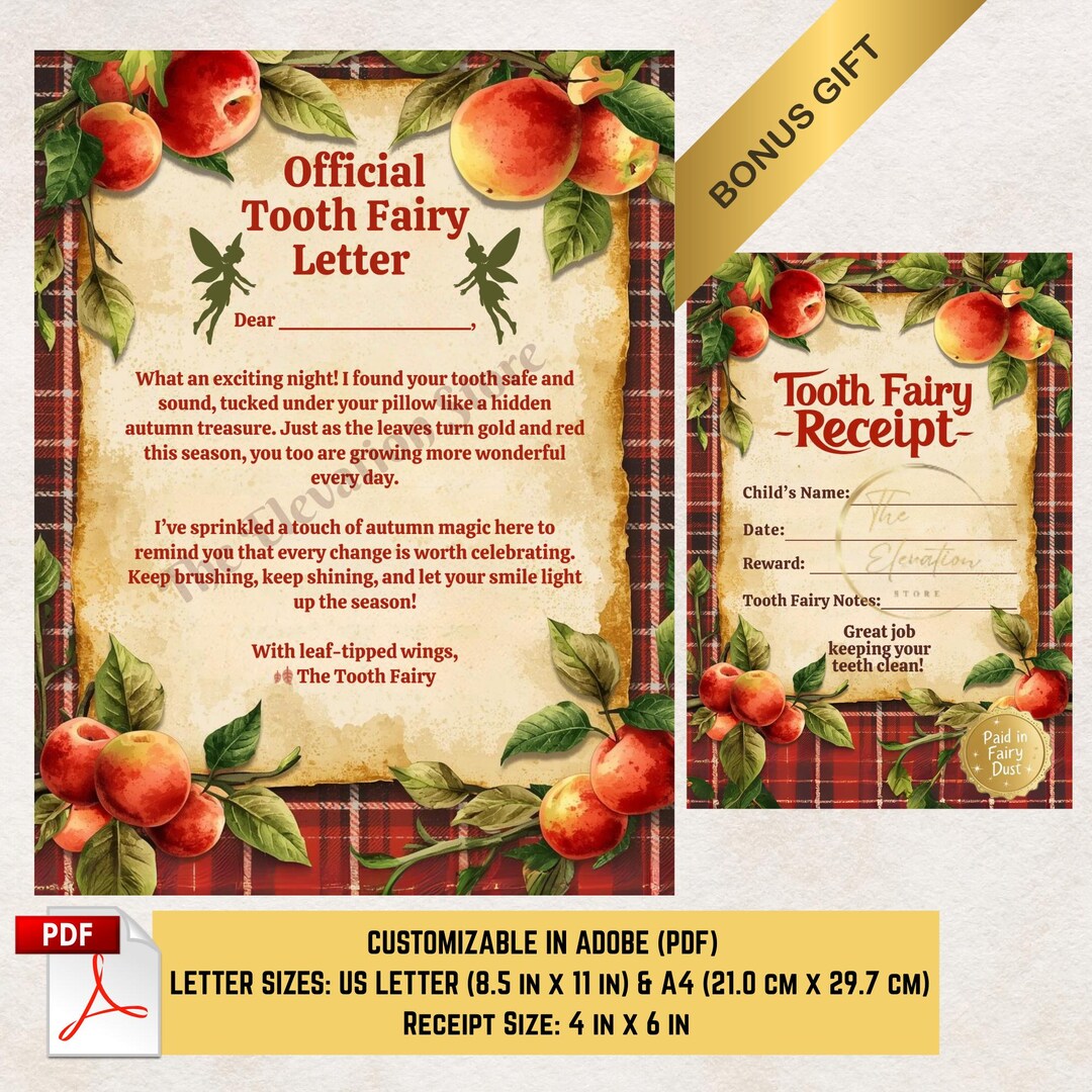 Fall Plaid Apples Tooth Fairy Letter & Receipt Set (printable PDF) - Etsy