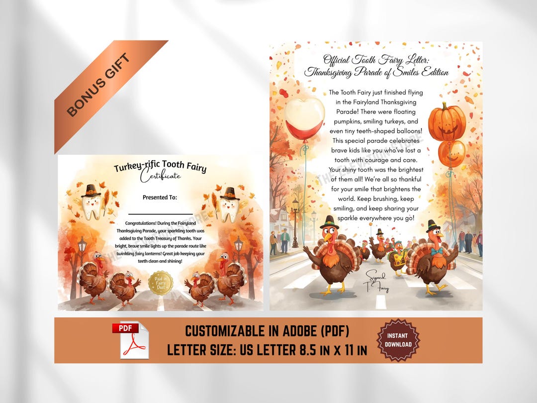 Thanksgiving Themed Tooth Fairy Letter & Certificate Bundle (digital ...