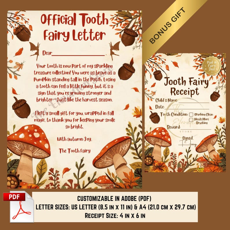 Fall Tooth Fairy Bundle: Acorns, Mushrooms, & Tooth Loss Chart (digital ...